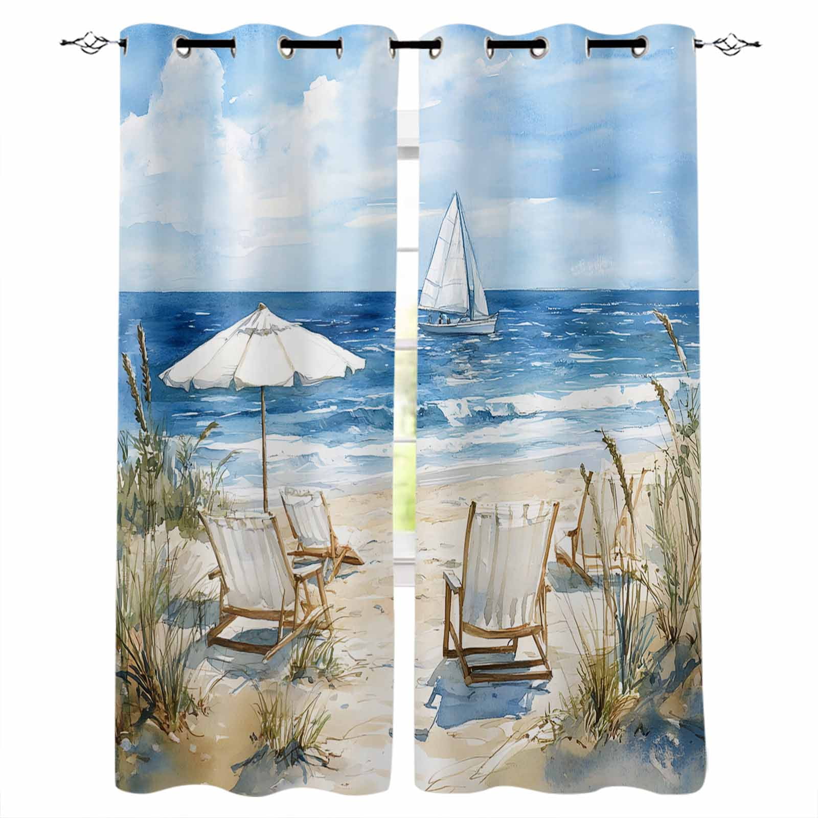 Coastal Wave Bliue Kitchen Curtains Ocean Oil Painting Sea Beach Plant ...