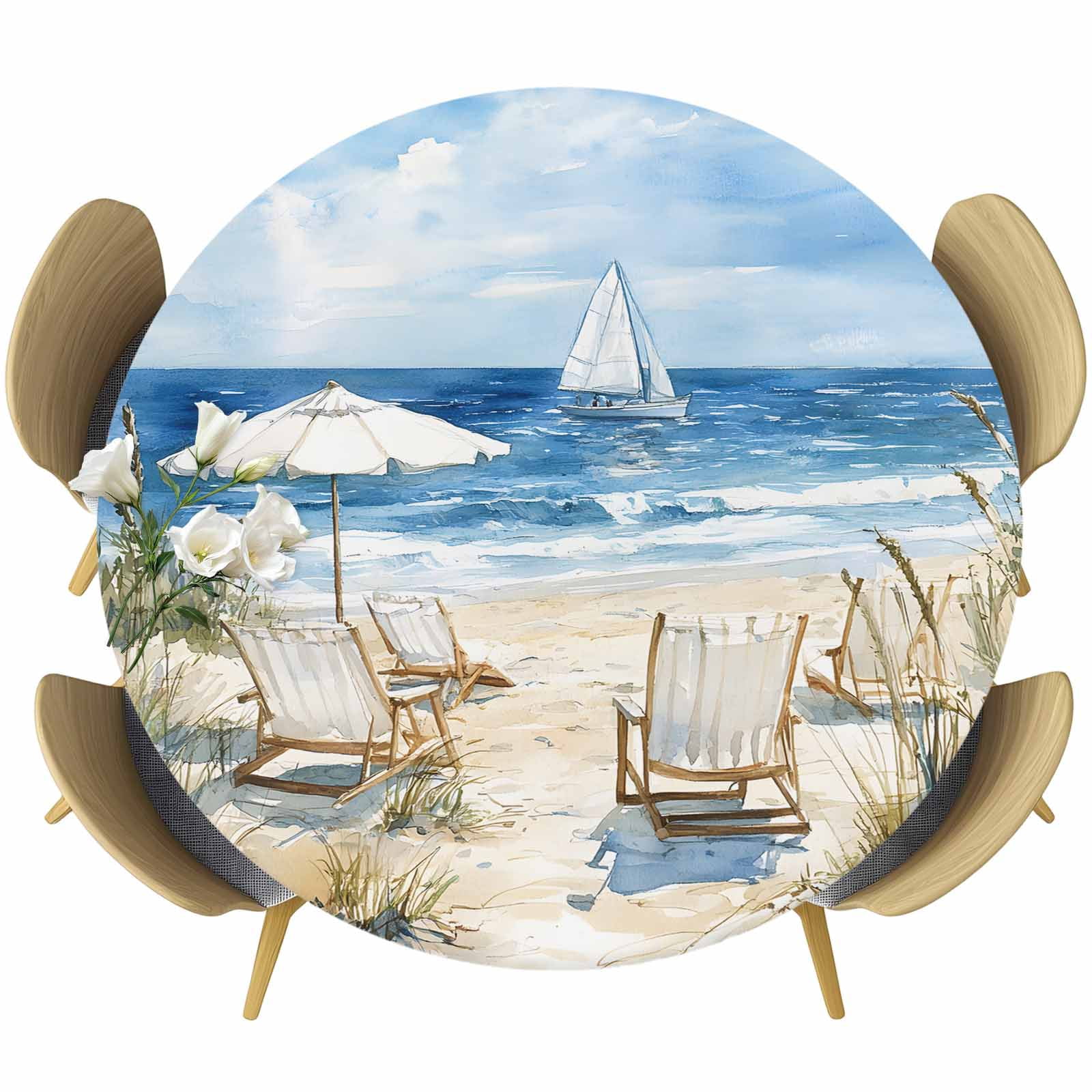 Coastal Wave Bliue Round Tablecloth 36-44 Inch Round Fitted Table Cloth ...