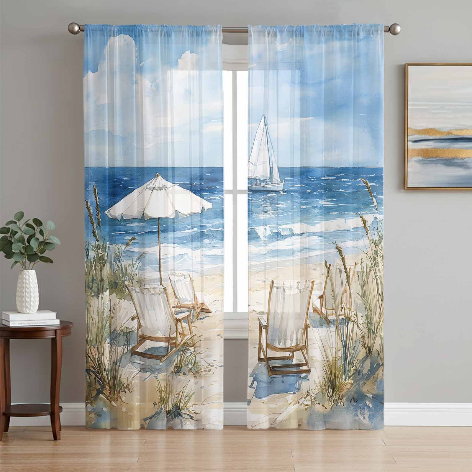 Coastal Wave Bliue Sheer Curtains 84 Inch Length 2 Panels Set, Ocean ...