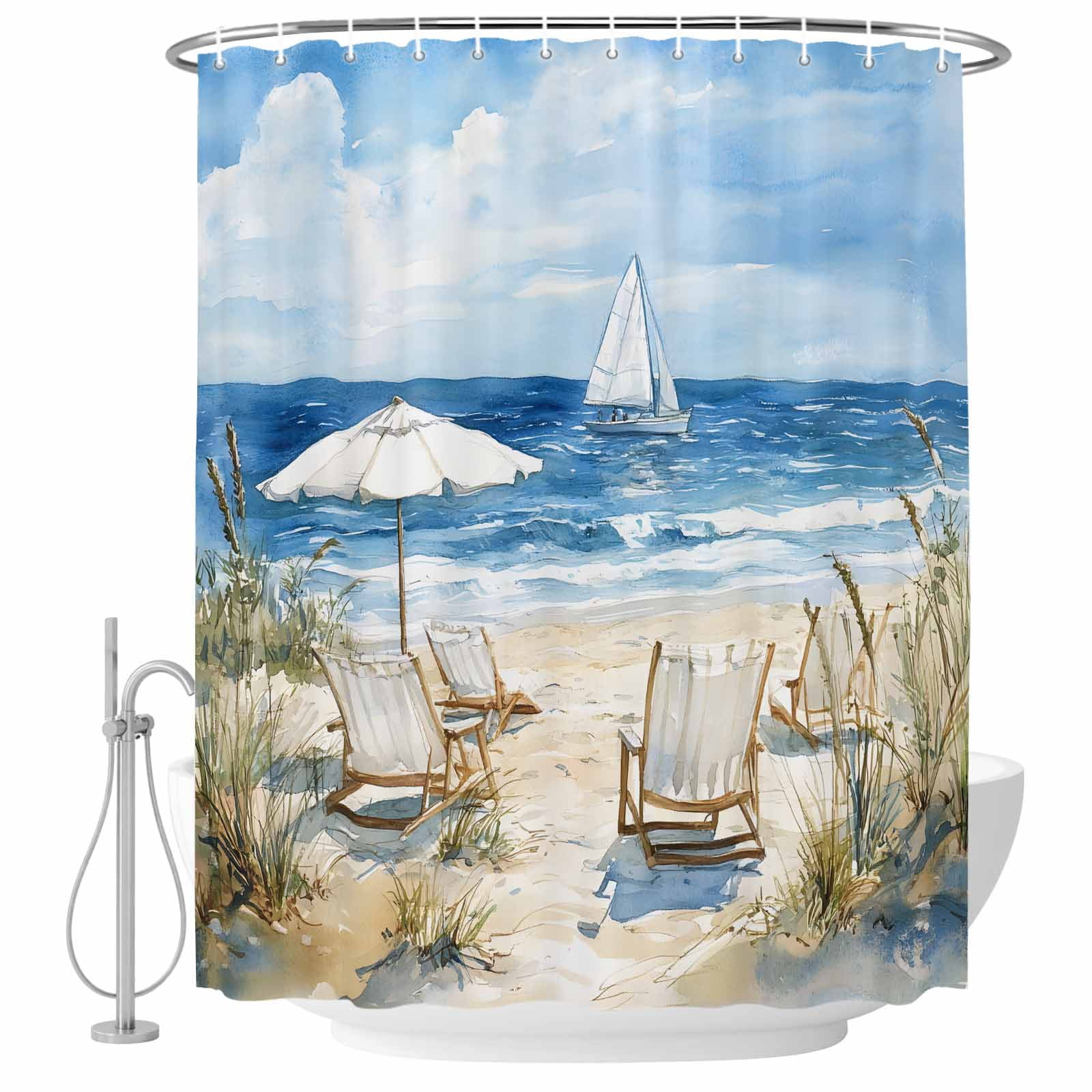 Coastal Wave Bliue Shower Curtain Set - Extra Long 72" x 96" Washable ...