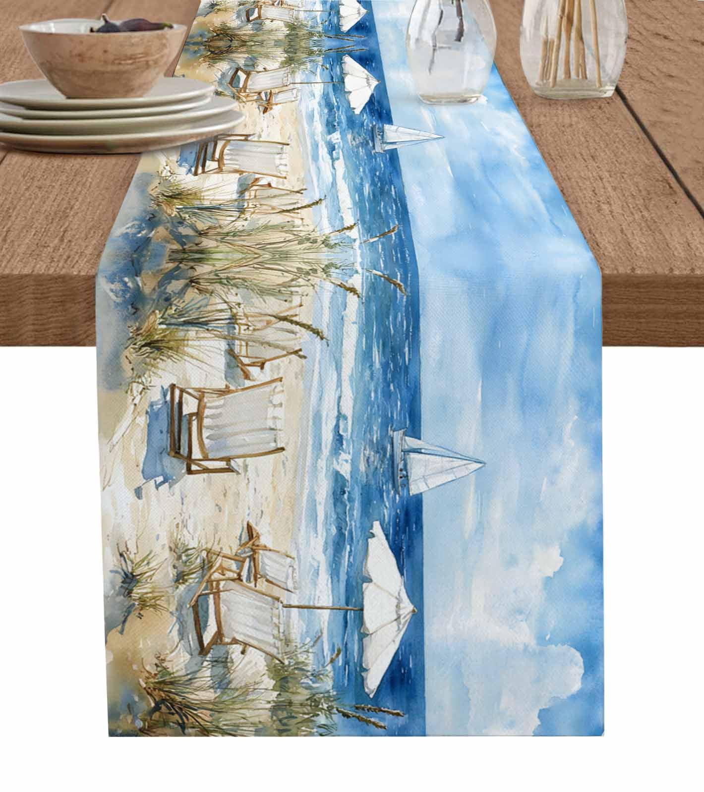 Coastal Wave Bliue Table Runner 72 Inches, Ocean Oil Painting Sea Beach ...
