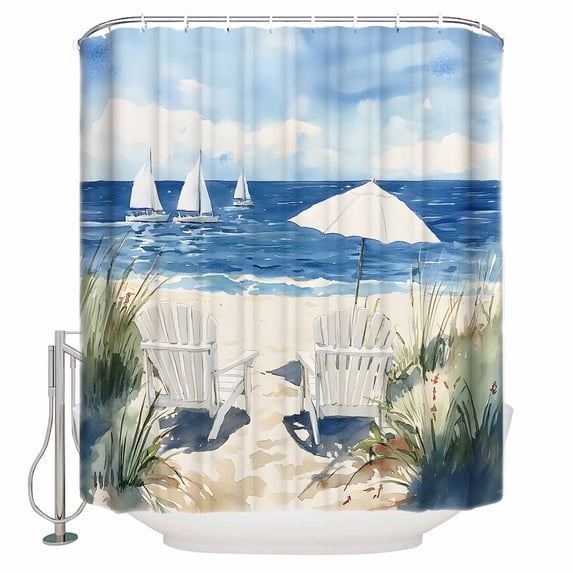 Coastal Wave Blue Bathroom Shower Curtains with 12 Hooks Polyester ...