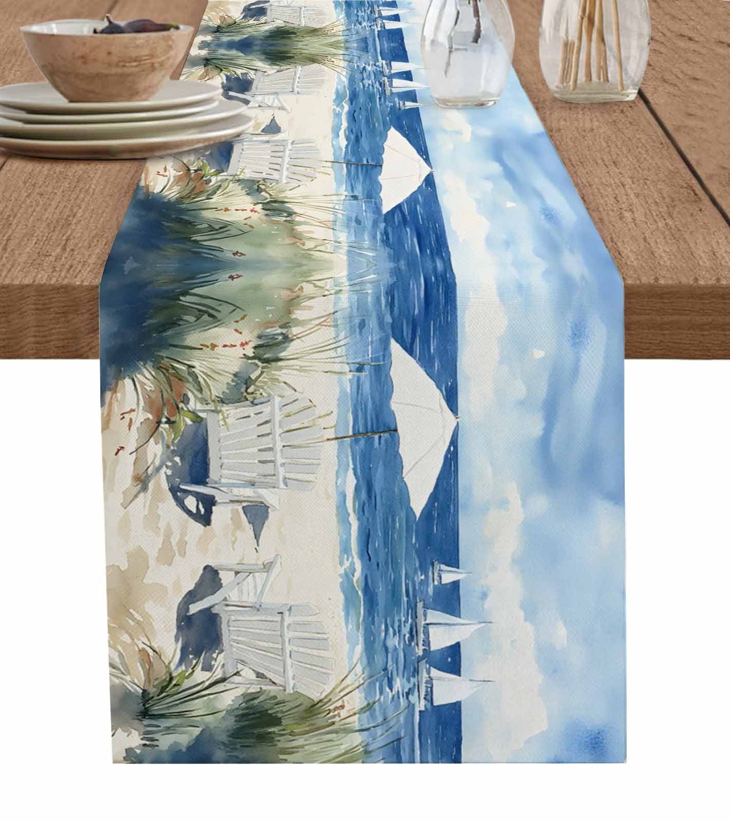 Coastal Wave Blue Burlap Cotton Table Runner 16x72 Inches Long ...