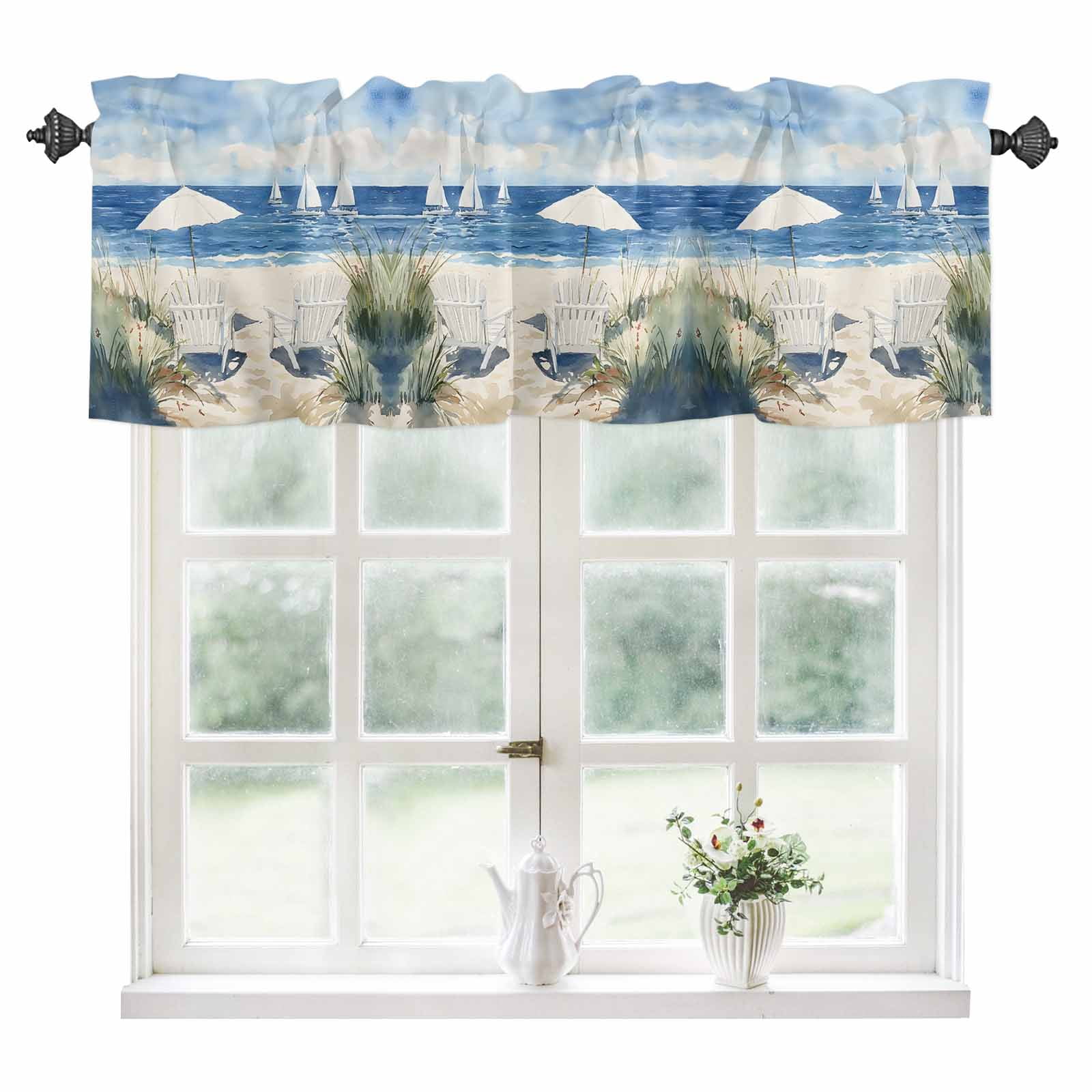 Coastal Wave Blue Kitchen Valances for Windows 42x12 Inch Kitchen ...