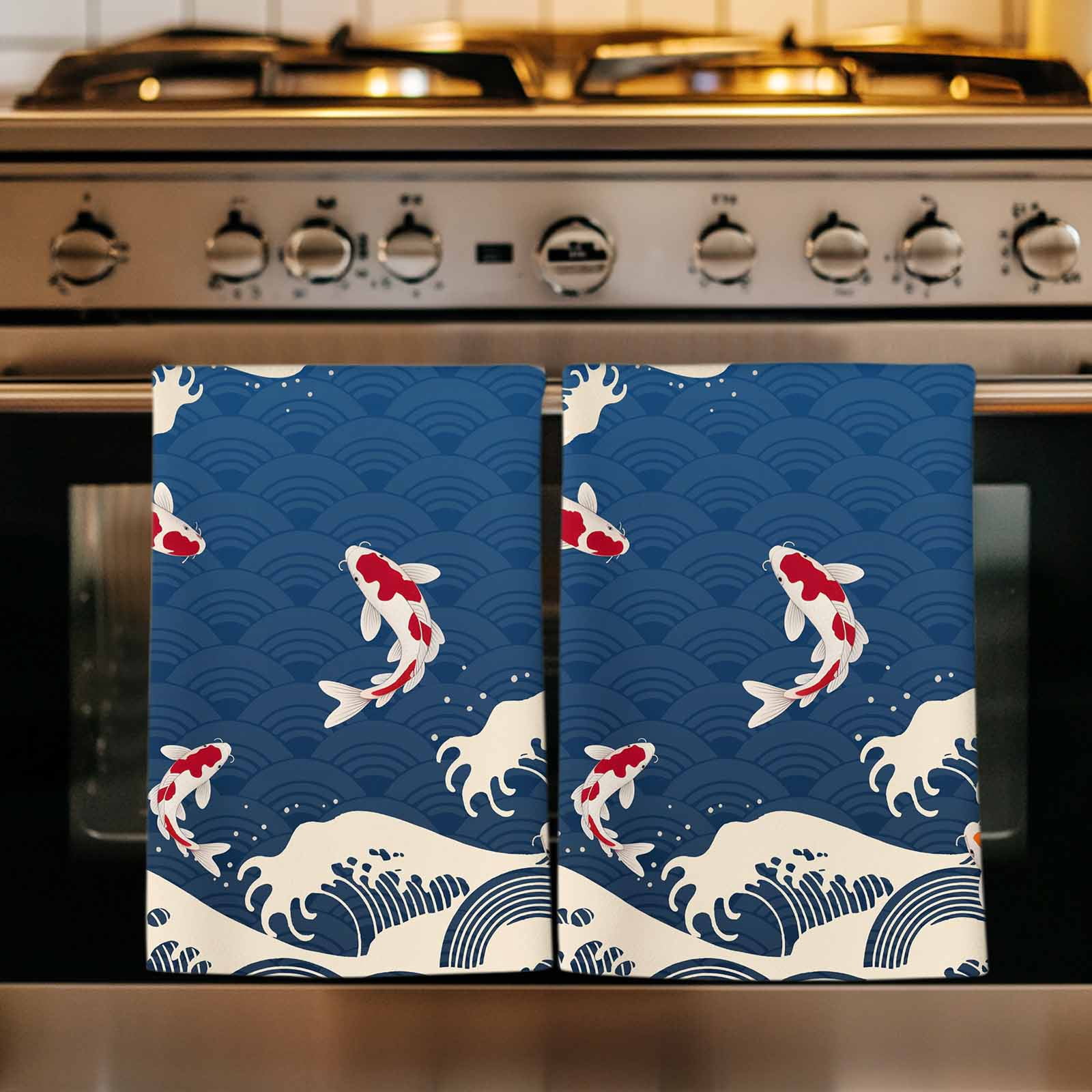 Coastal Wave Kitchen Towels Set of 3, Japanese Style Ocean Fish Blue ...