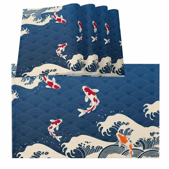 Coastal Wave Placemats for Dinning Table Set of 6, Japanese Style Ocean ...