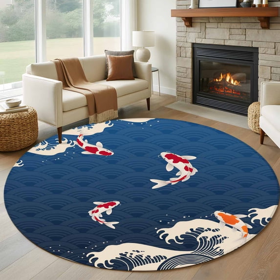 Coastal Wave Round Area Rug 6 FT, Non Slip Bedroom Rugs, Japanese Style ...