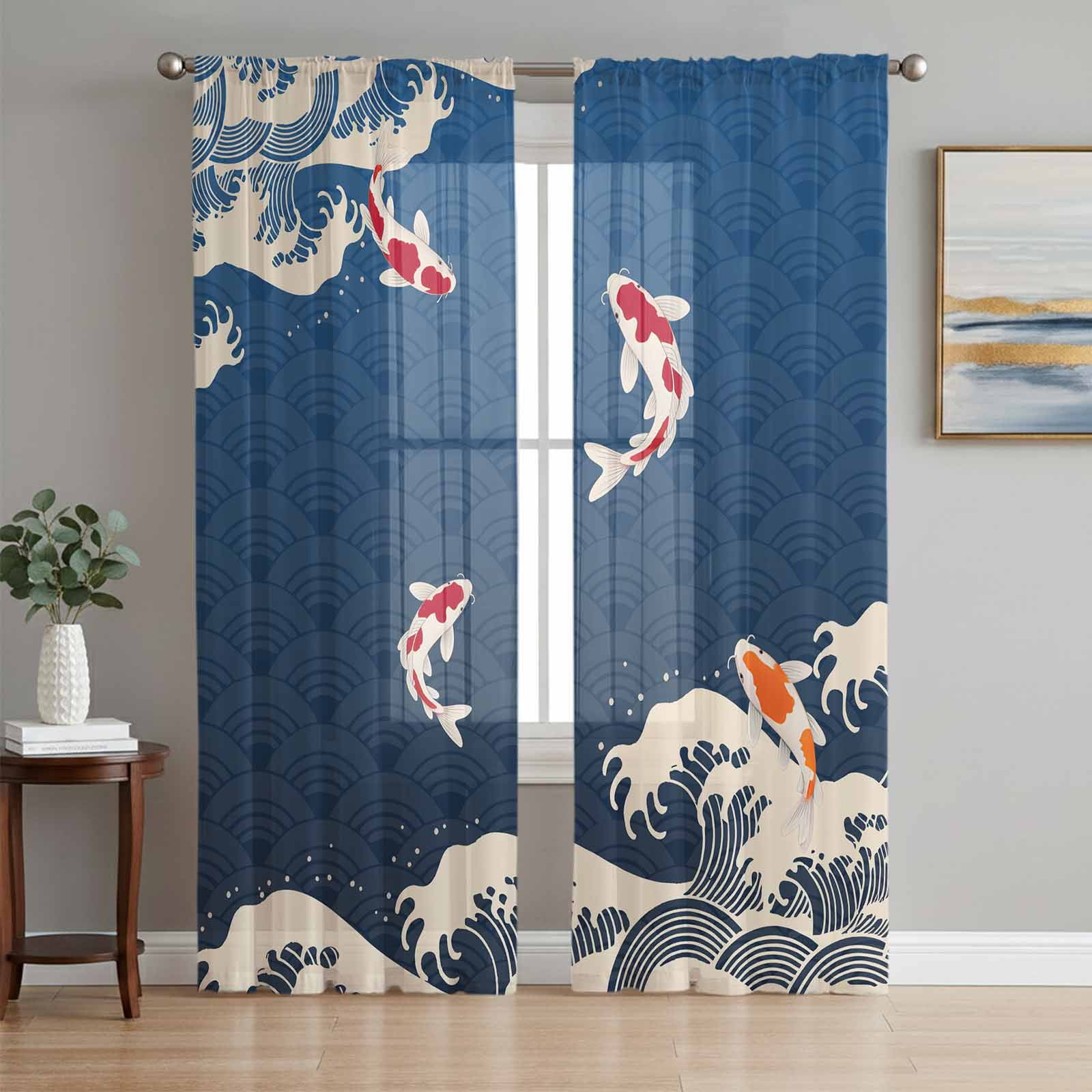 Coastal Wave Semi Sheer Curtains 72 Inch Length 2 Panels Set, Japanese ...