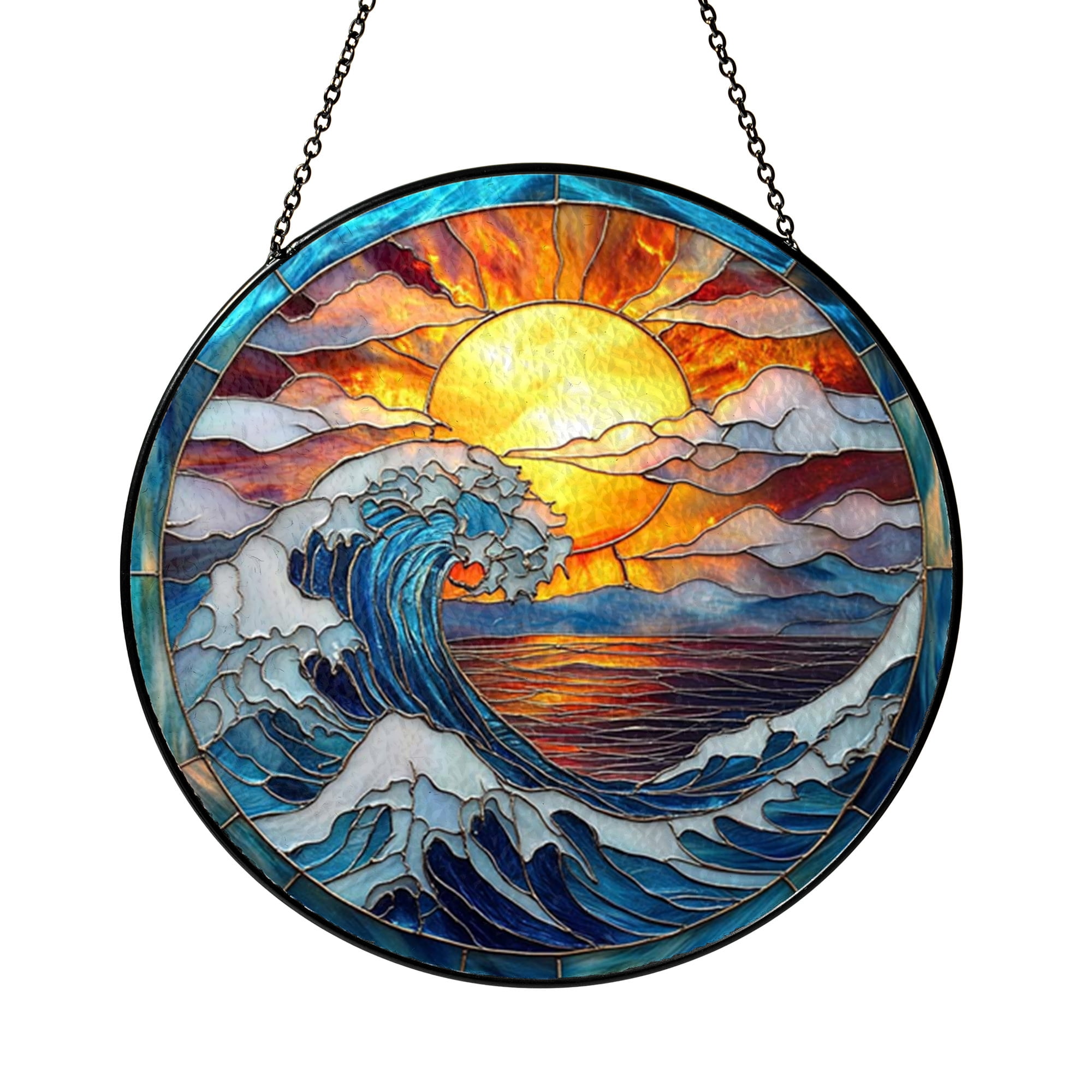 Coastal Wave Sunset Stained Glass – Decorative Ocean Window Art ...