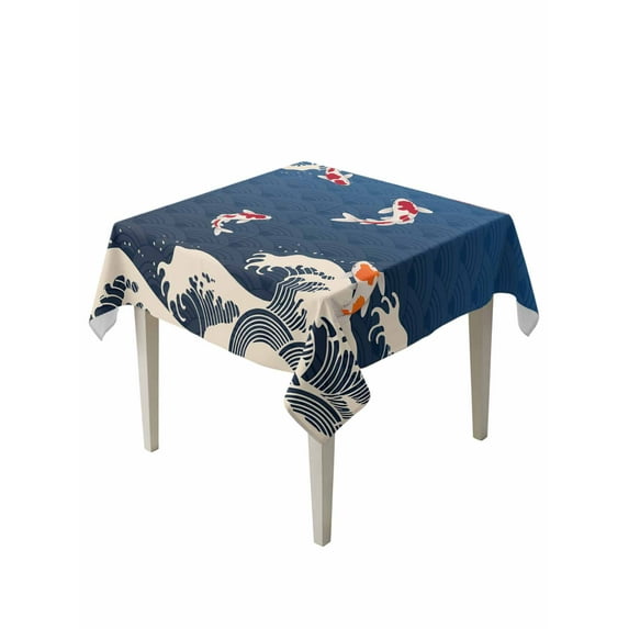 Coastal Wave Table Cloth, Japanese Style Ocean Fish Blue Waterproof ...