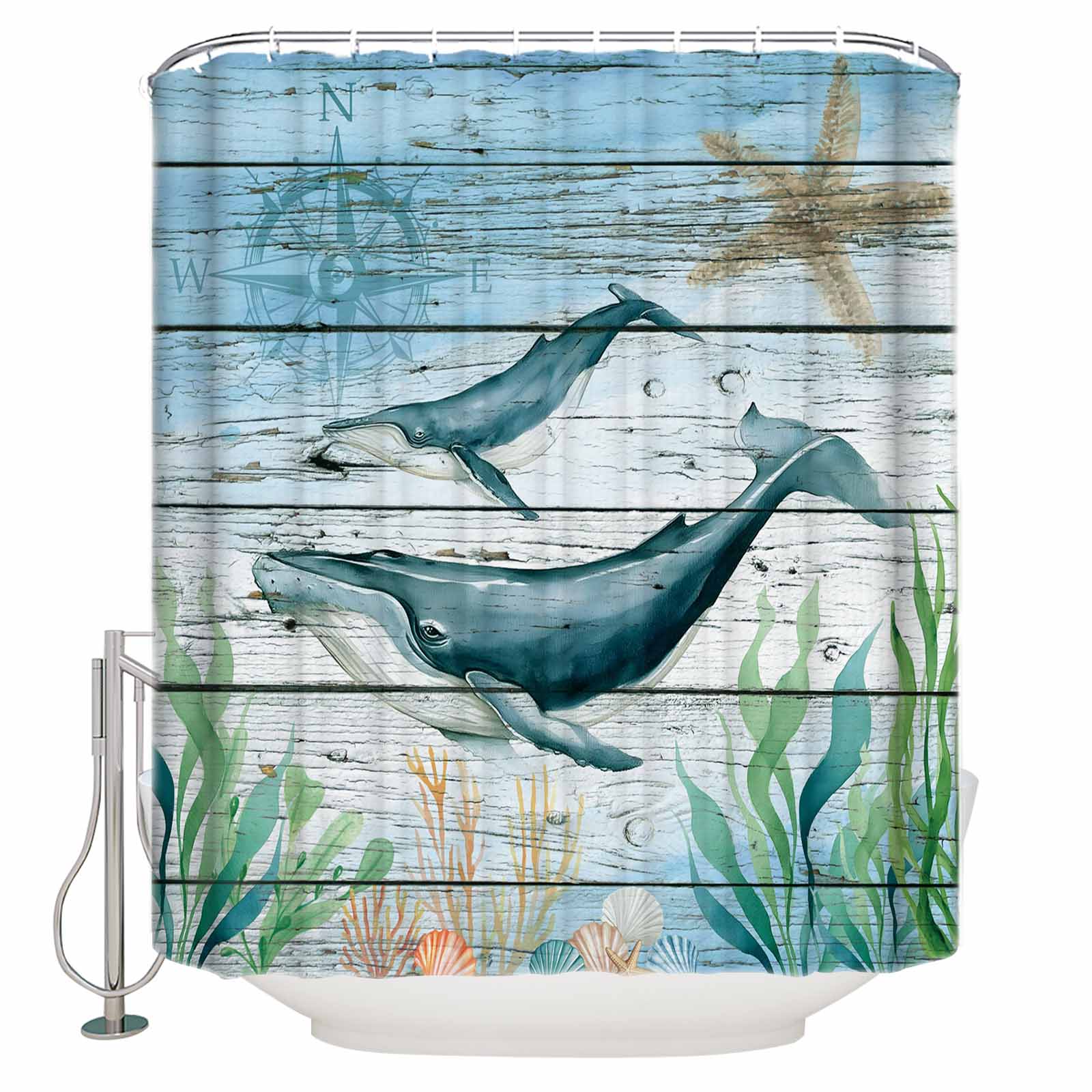 Coastal Whale Bathroom Shower Curtains with 12 Hooks Polyester ...