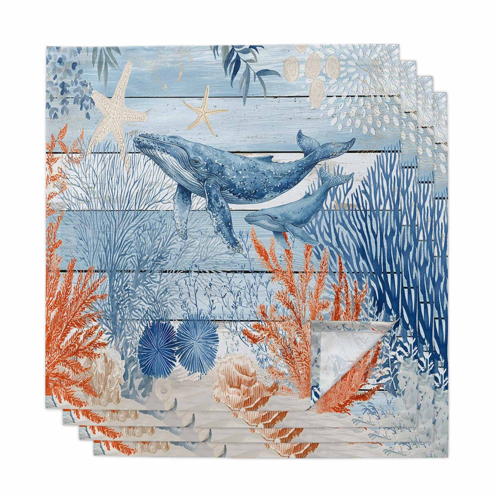 Coastal Whale Cloth Napkins, Nautical Ocean Coral Blue Wooden Grain ...