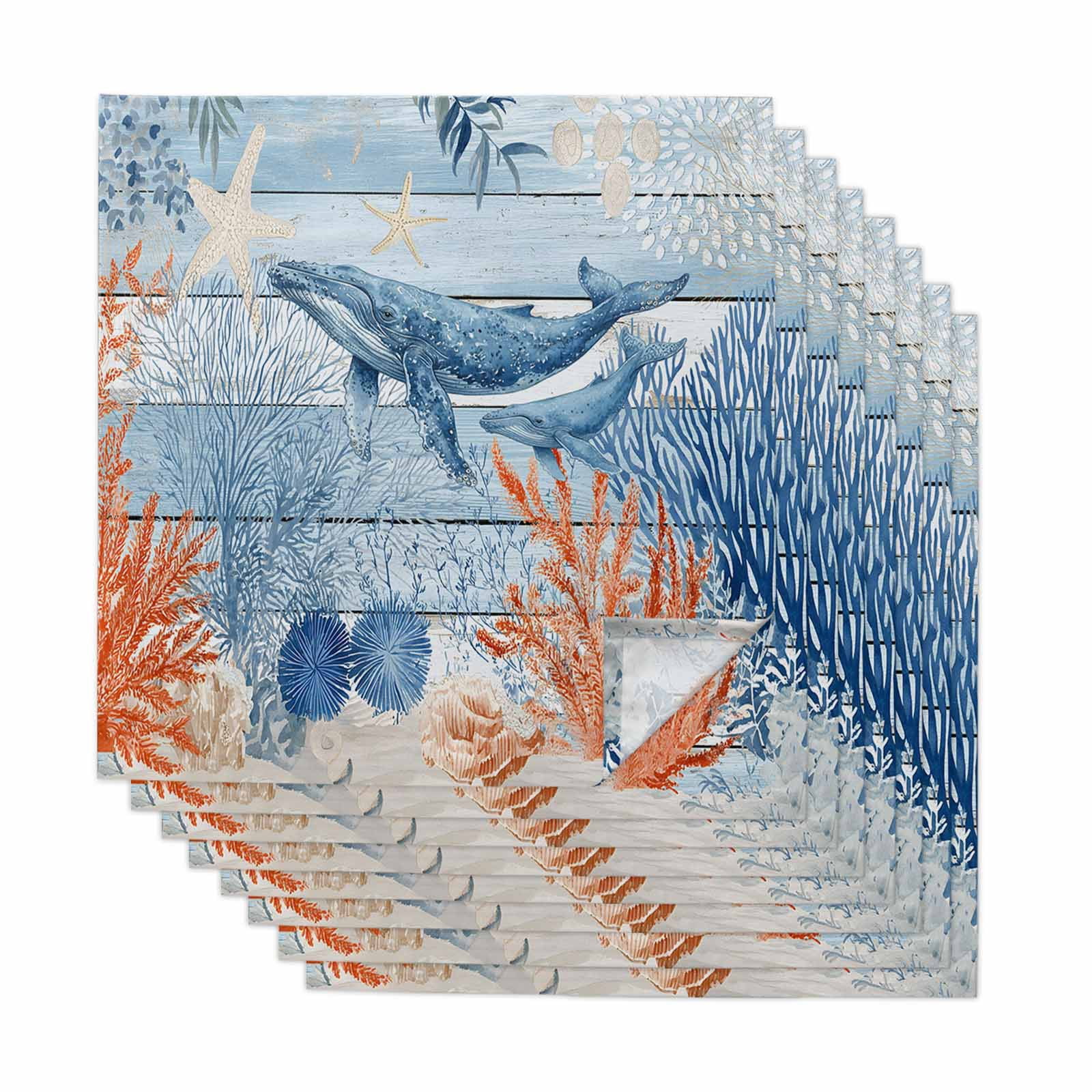 Coastal Whale Cloth Napkins, Nautical Ocean Coral Blue Wooden Grain ...