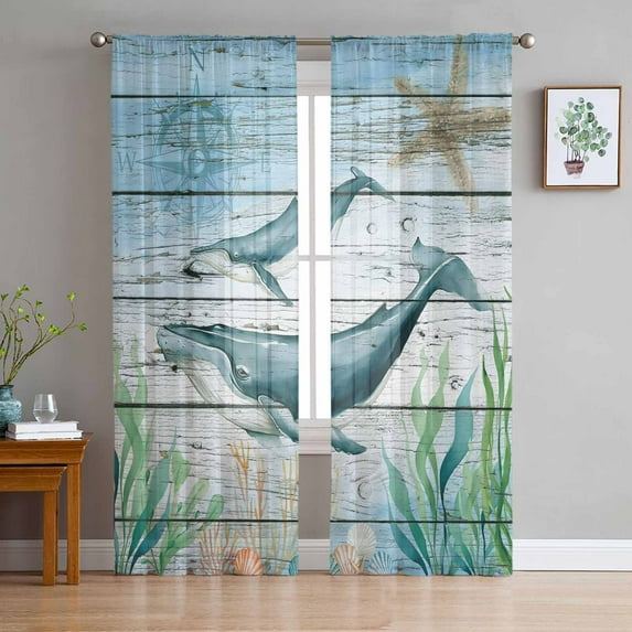 Coastal Whale Sheer Curtains 63 Inches Length 2 Panels Set, Window ...