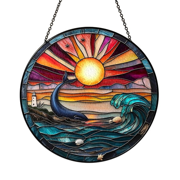Coastal Whale Stained Glass Window Decor, Sunset Nautical Suncatcher ...