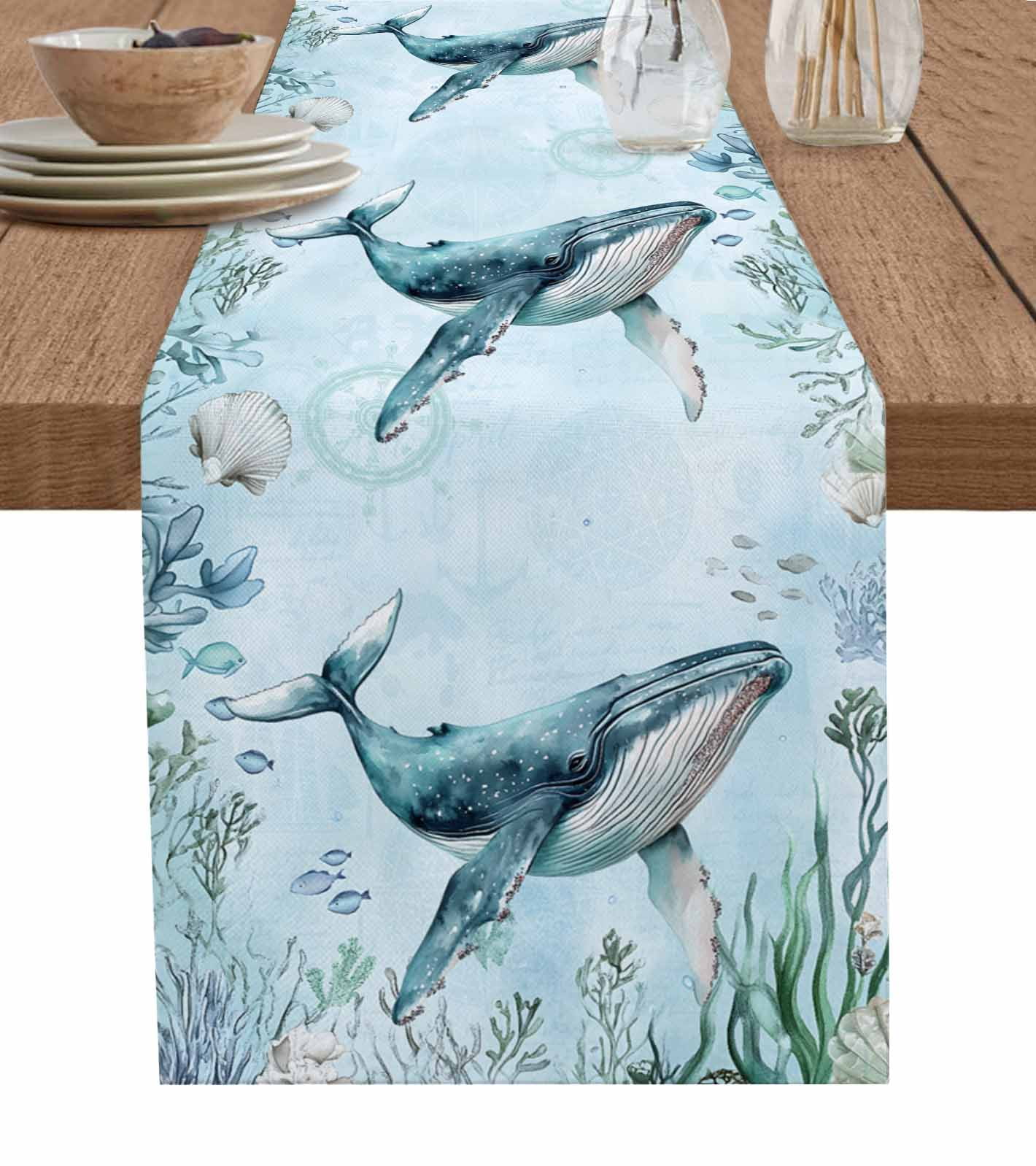 Coastal Whale Table Runner 72 Inches, Nautical Ocean Shells Seaweed ...