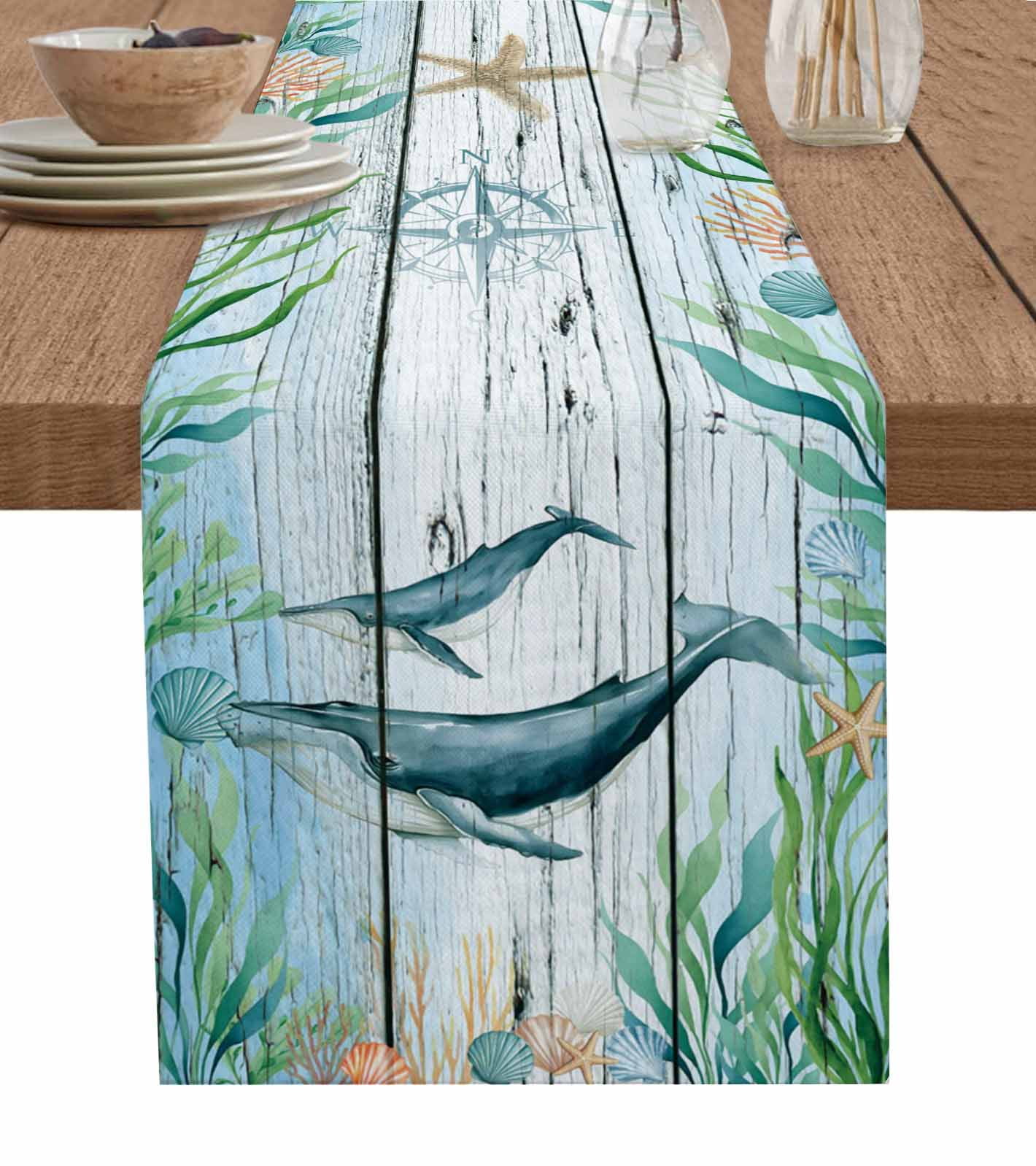 Coastal Whale Table Runner 90 Inches, Farmhouse Nautical Marine Life ...