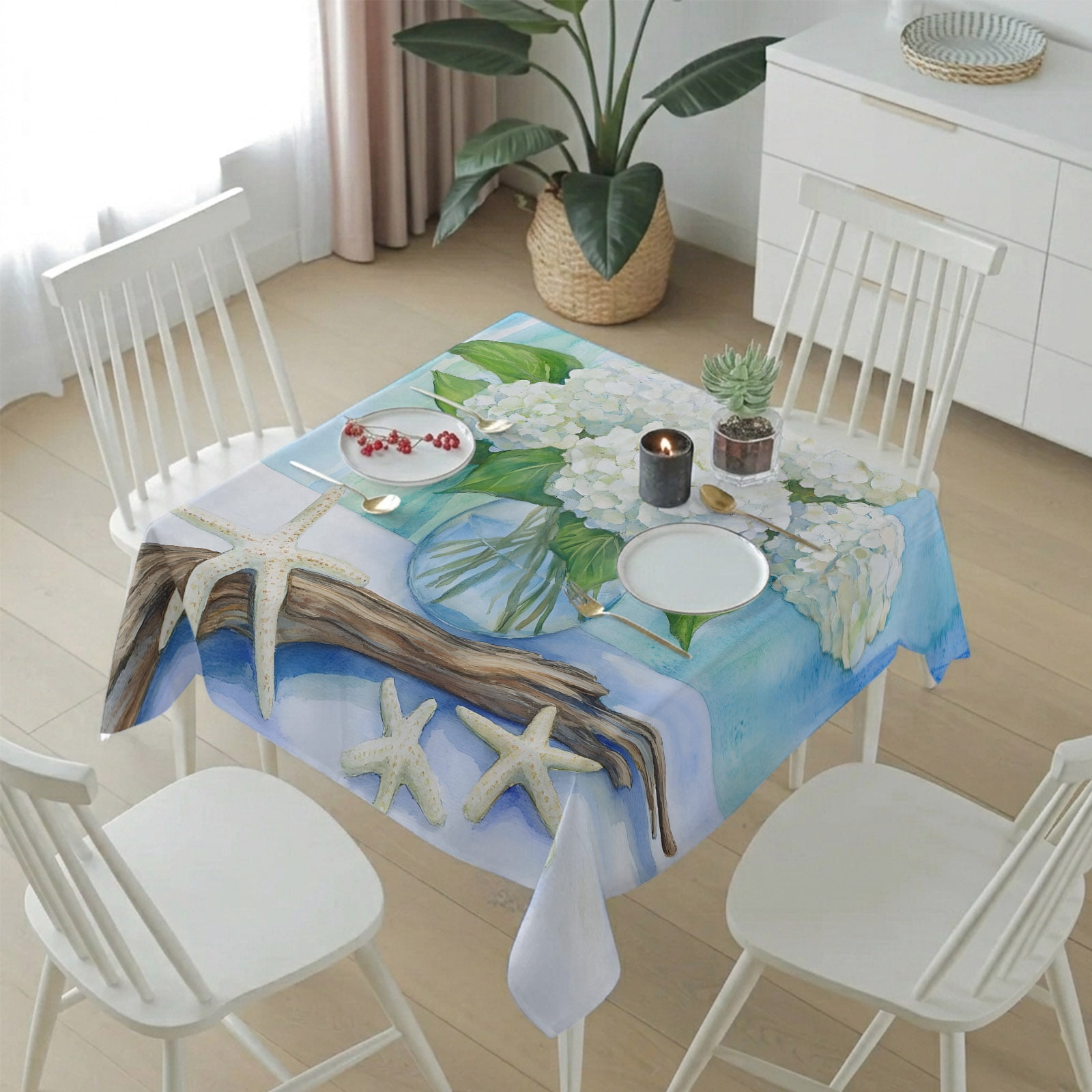 Coastal White Hydrangea Flower Table Cloth 54x54in, Waterproof Square ...