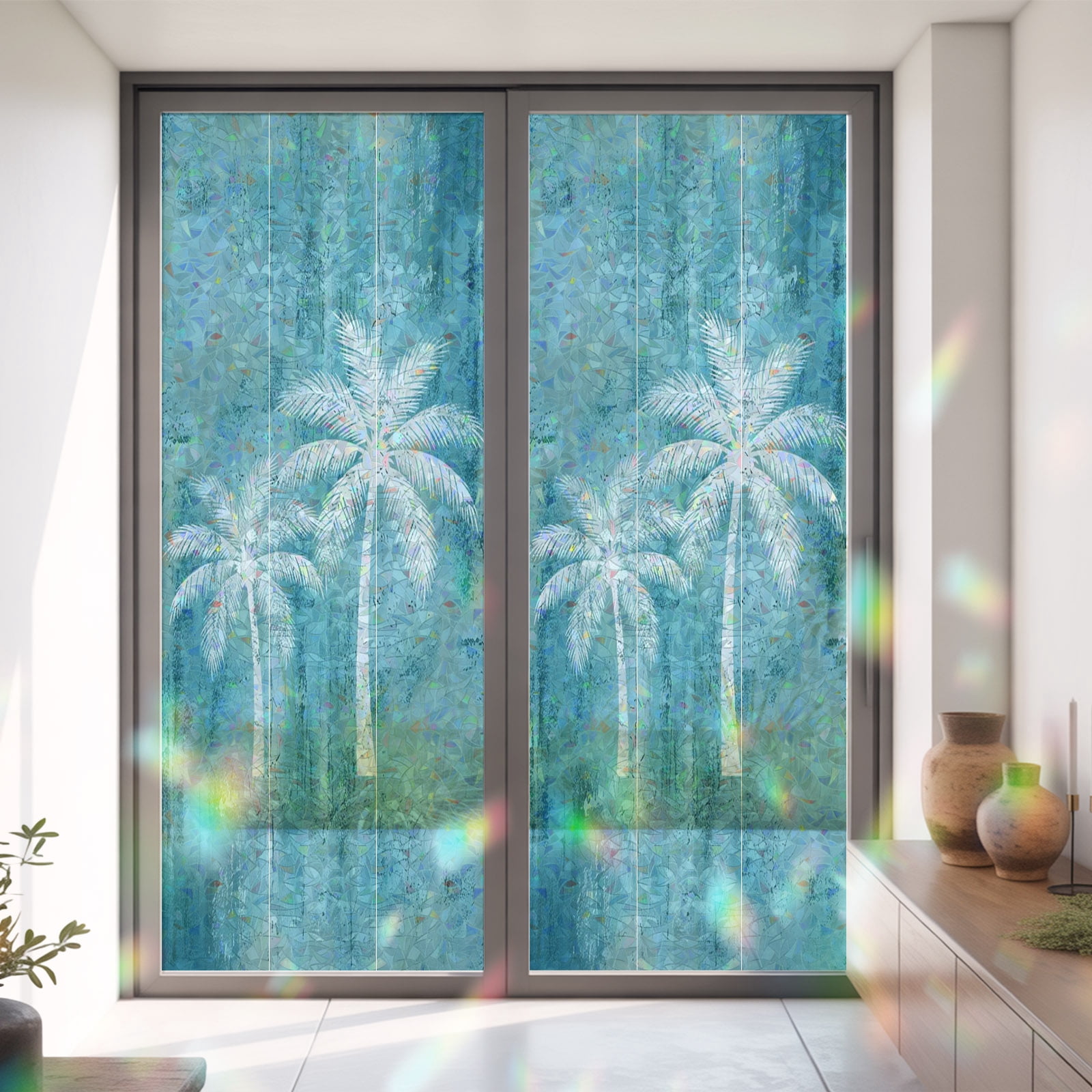 Coastal White Palm Trees Silhouette Window Privacy Film, Rainbow Film ...