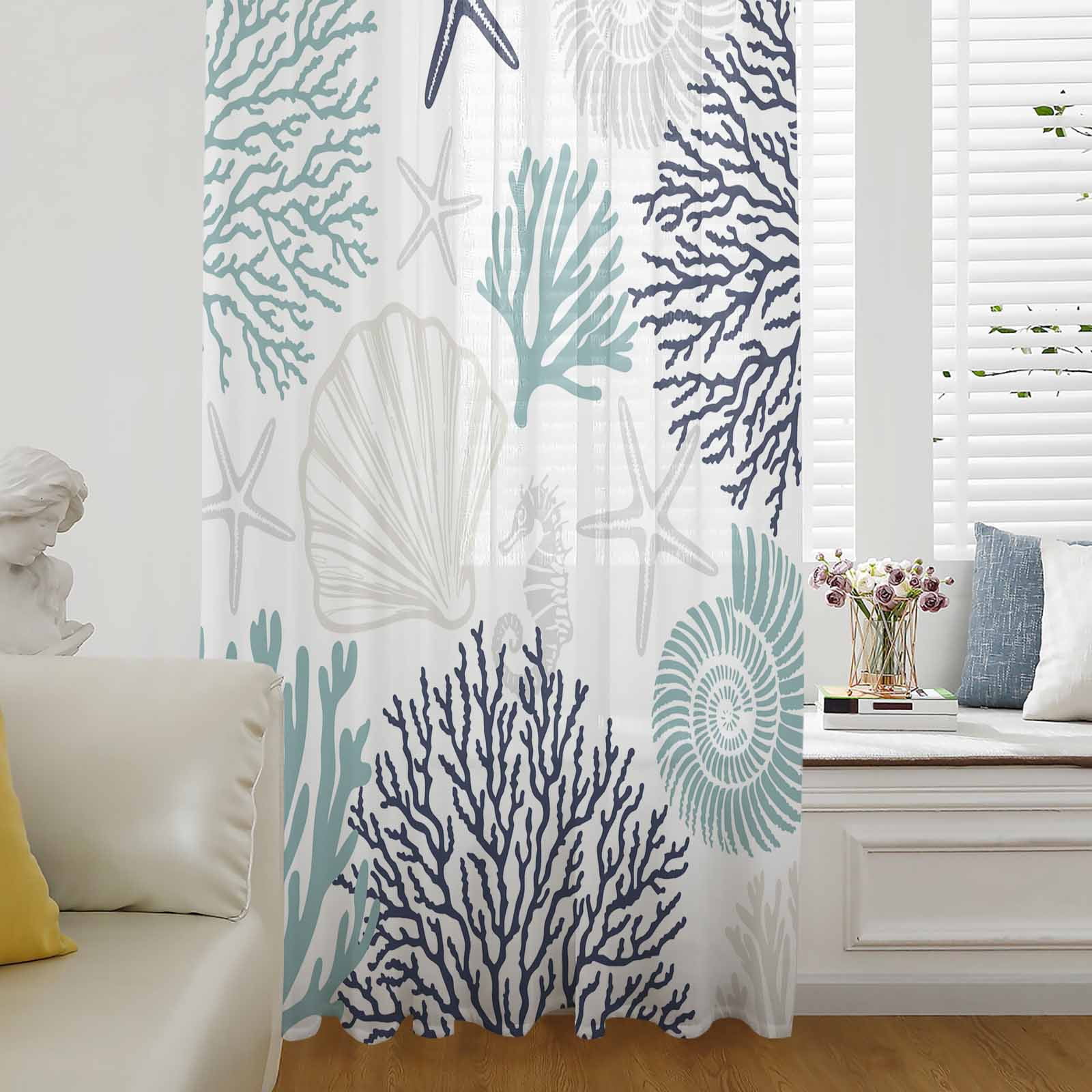 Coastal Window Curtain 45 Inches Long,Turquoise Blue Coral Starfish ...