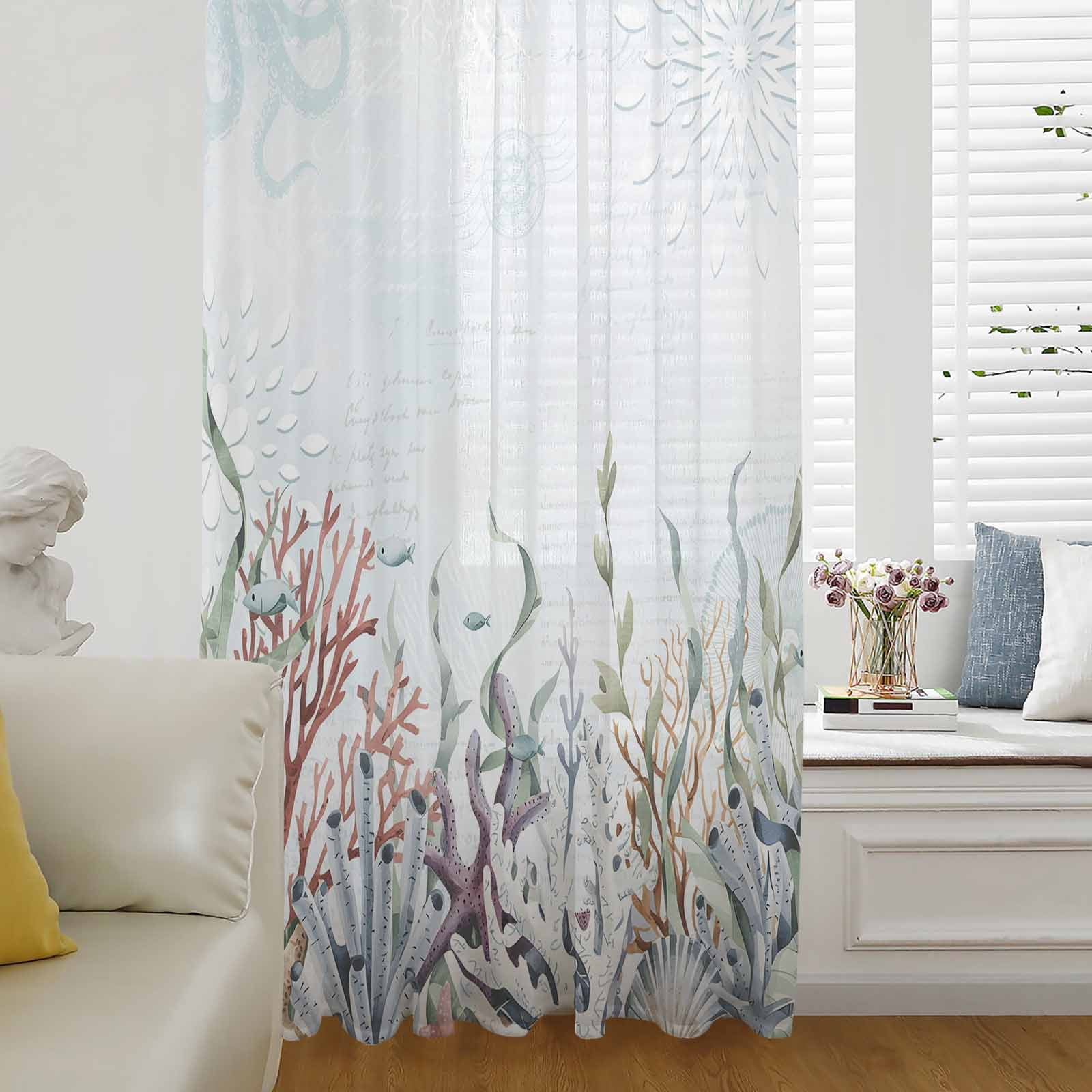Coastal Window Curtain 84 Inches Long,Blue Ocean Coral Starfish ...