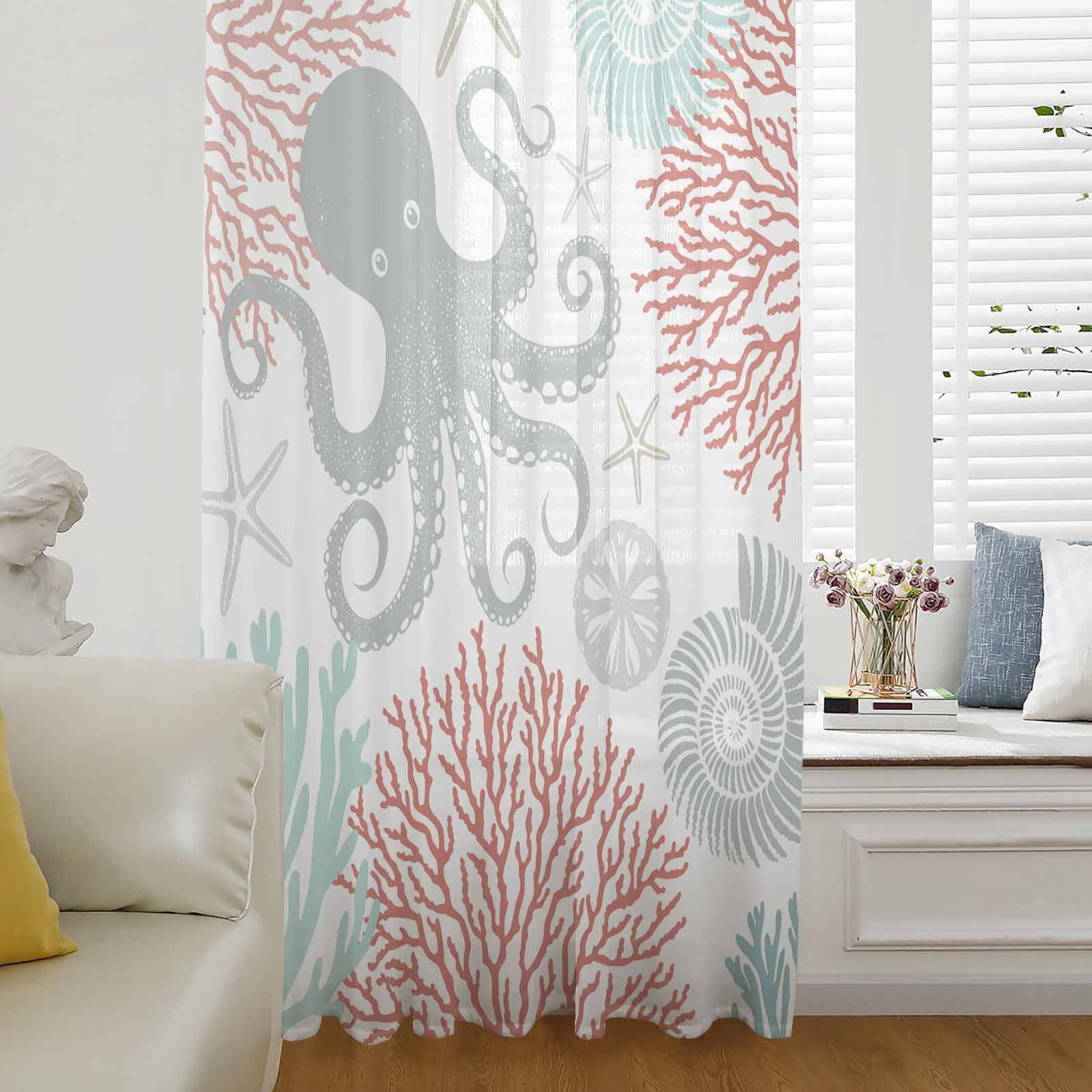 Coastal Window Curtain 84 Inches Long,Octopus Coral Turquoise Grey ...
