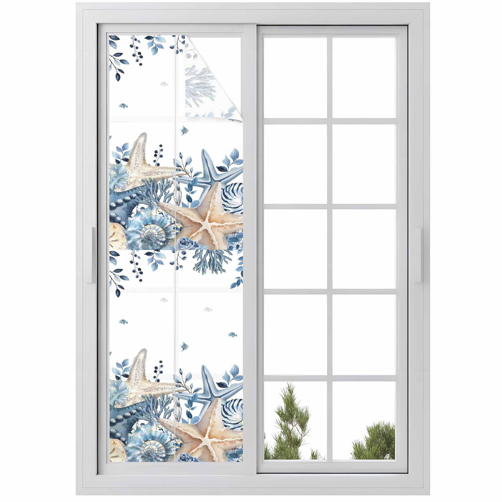 Coastal Window Privacy Film, Ocean Blue Beige Starfish Shells ...