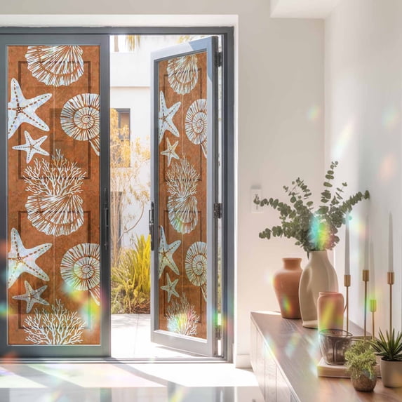 Coastal Window Privacy Film Starfish Shell Coral Rustic Burnt Orange ...
