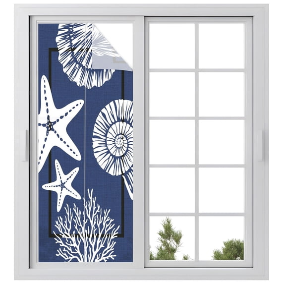 Coastal Window Privacy Film, Starfish Shell Coral Rustic Navy Blue ...