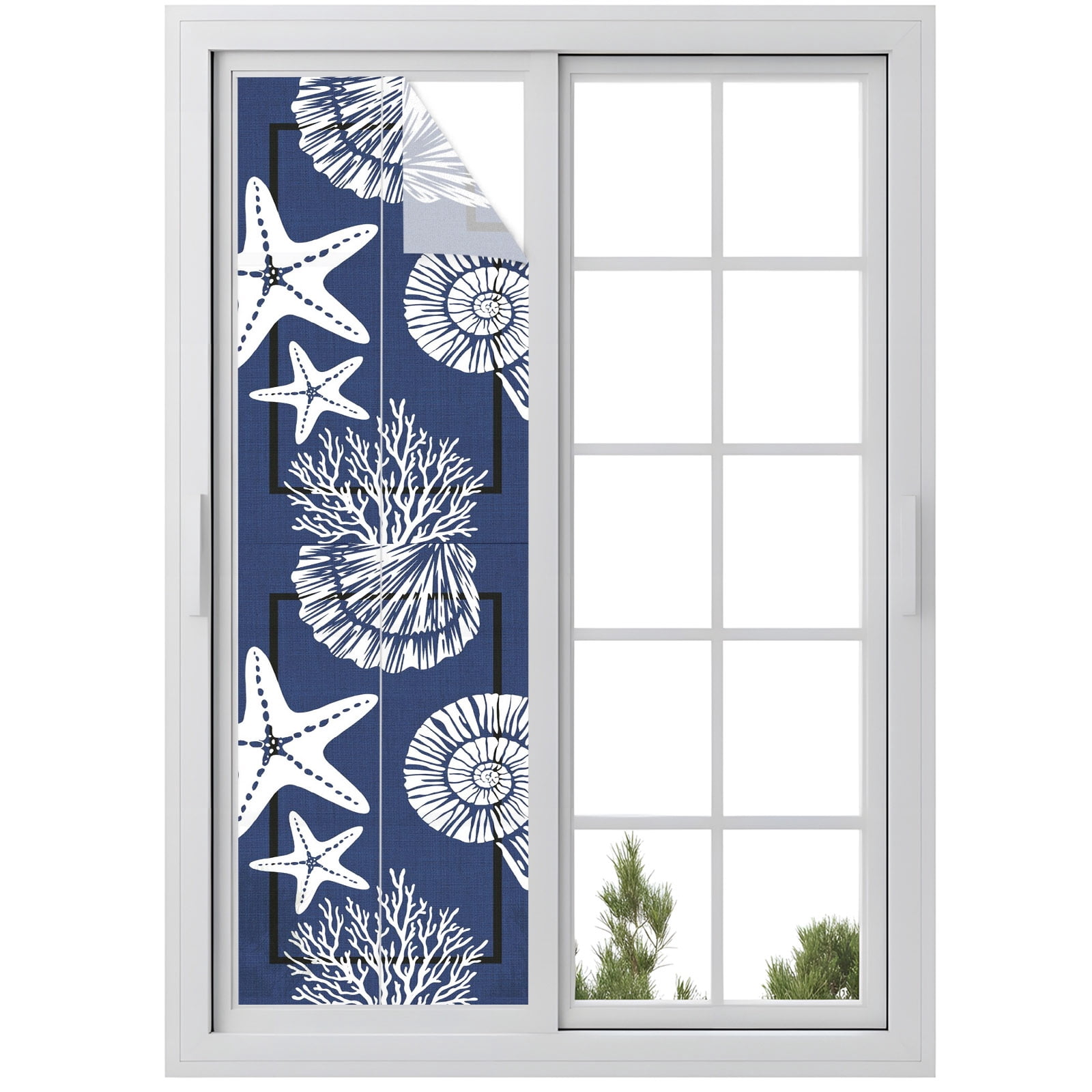 Coastal Window Privacy Film, Starfish Shell Coral Rustic Navy Blue ...