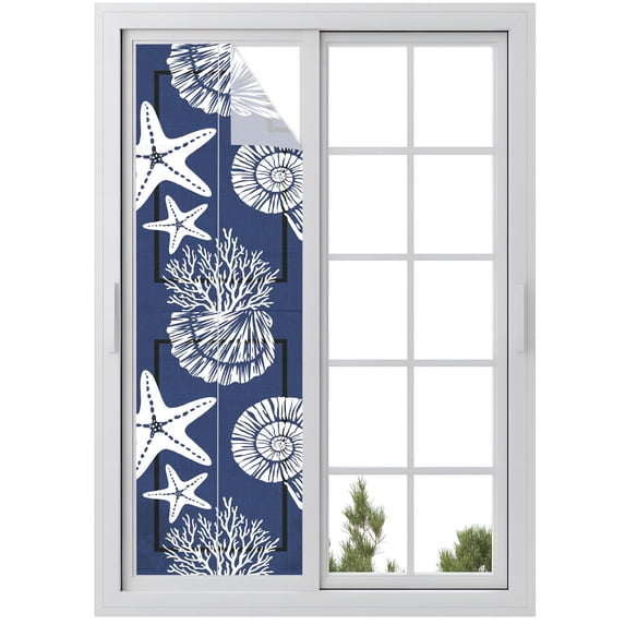 Coastal Window Privacy Film, Starfish Shell Coral Rustic Navy Blue ...