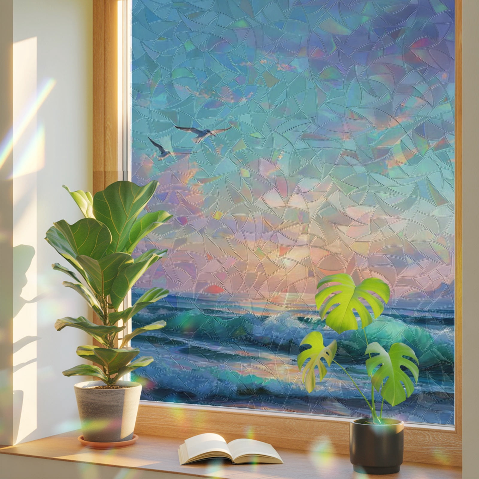 Coastal Window Privacy Film, Summer Bird Seagulls Waves Sunset Nautical ...