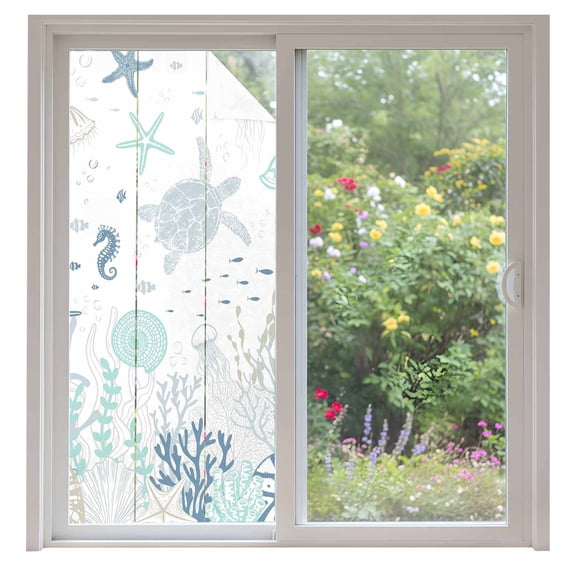Coastal Window Privacy Film, Turquoise Blue Turtle Starfish Coral ...