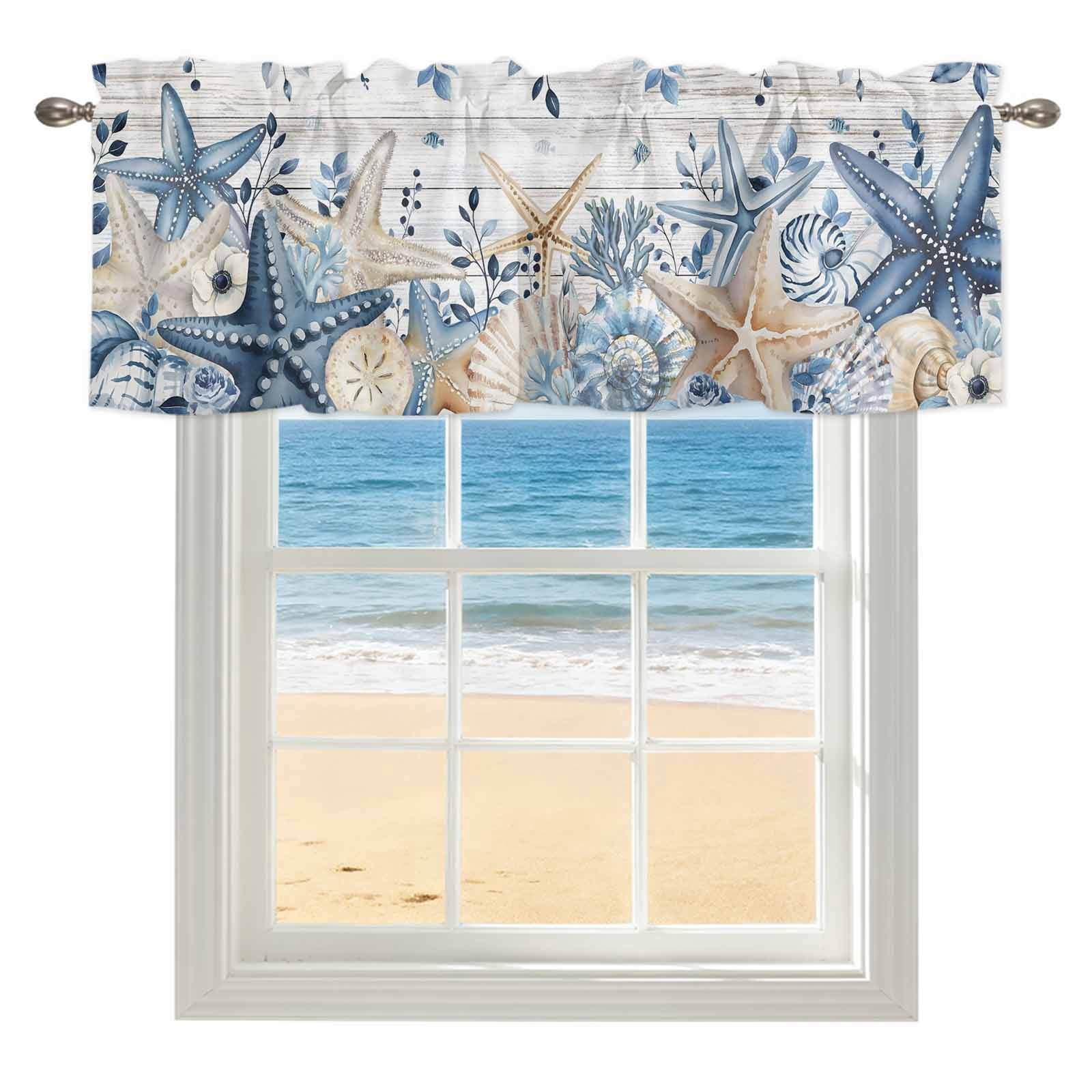 Coastal Window Valance for Kitchen, Ocean Blue Beige Starfish Shells ...