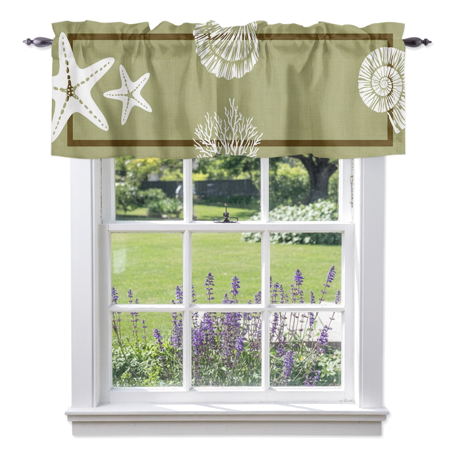 Coastal Window Valance for Kitchen, Starfish Shell Coral Rustic Olive ...