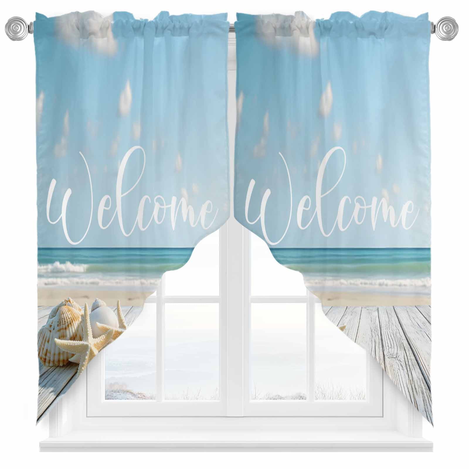 Coastal Wooden Swag Curtains Welcome Summer Seaside Starfish Shell Swag ...
