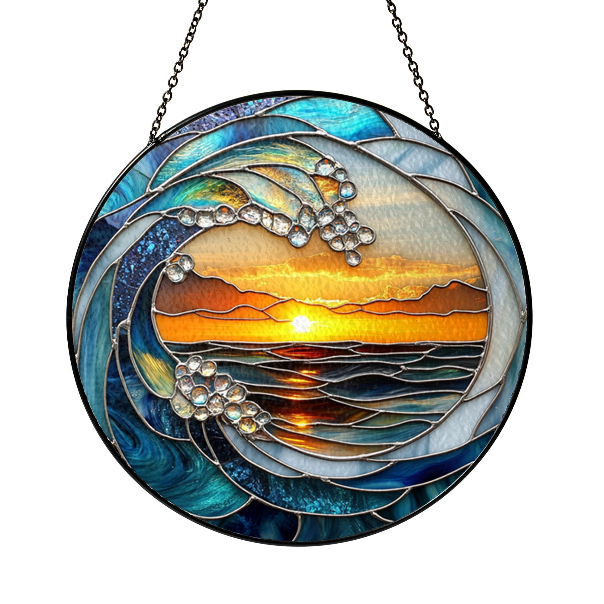 Coastal ocean wave suncatcher, decorative beach home window art for sea ...