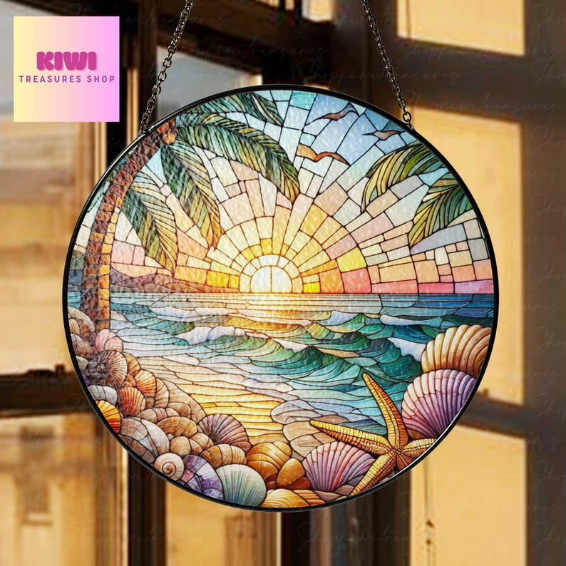 Coastal seashell Sunset Beach Glass Suncatcher Beachy Starfish Ornament ...