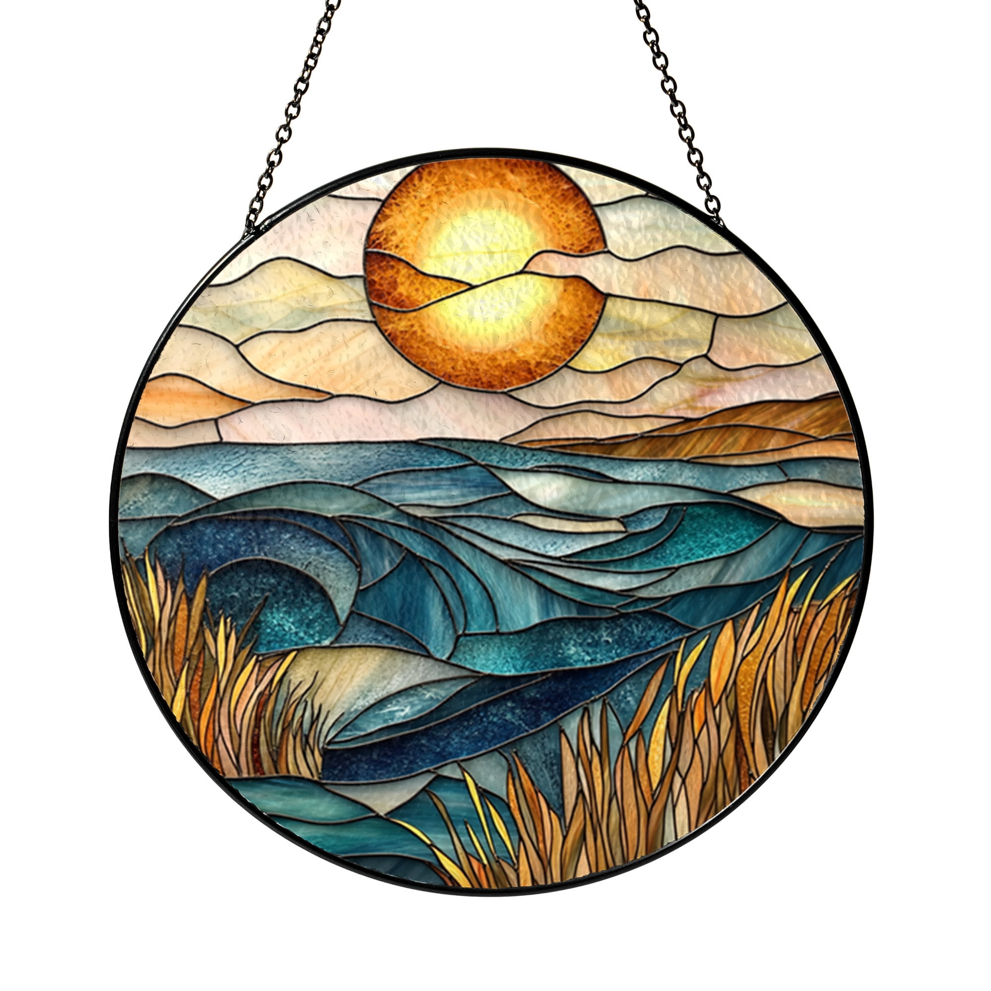 Coastal stained glass panel featuring sunset over waves, serene window ...