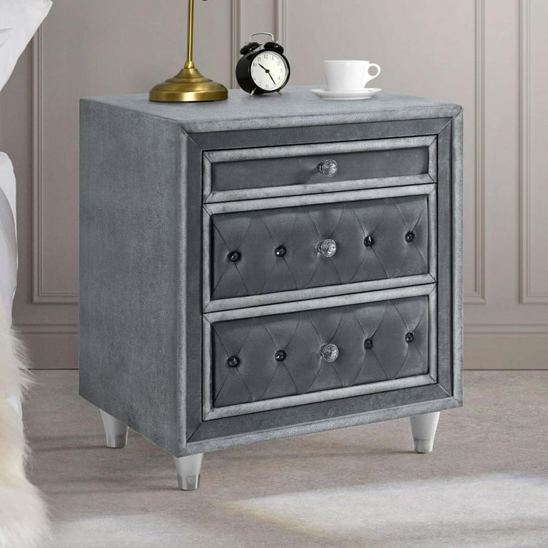 Coaster Antonella 3 drawer Velvet Upholstered Tufted Nightstand in Gray