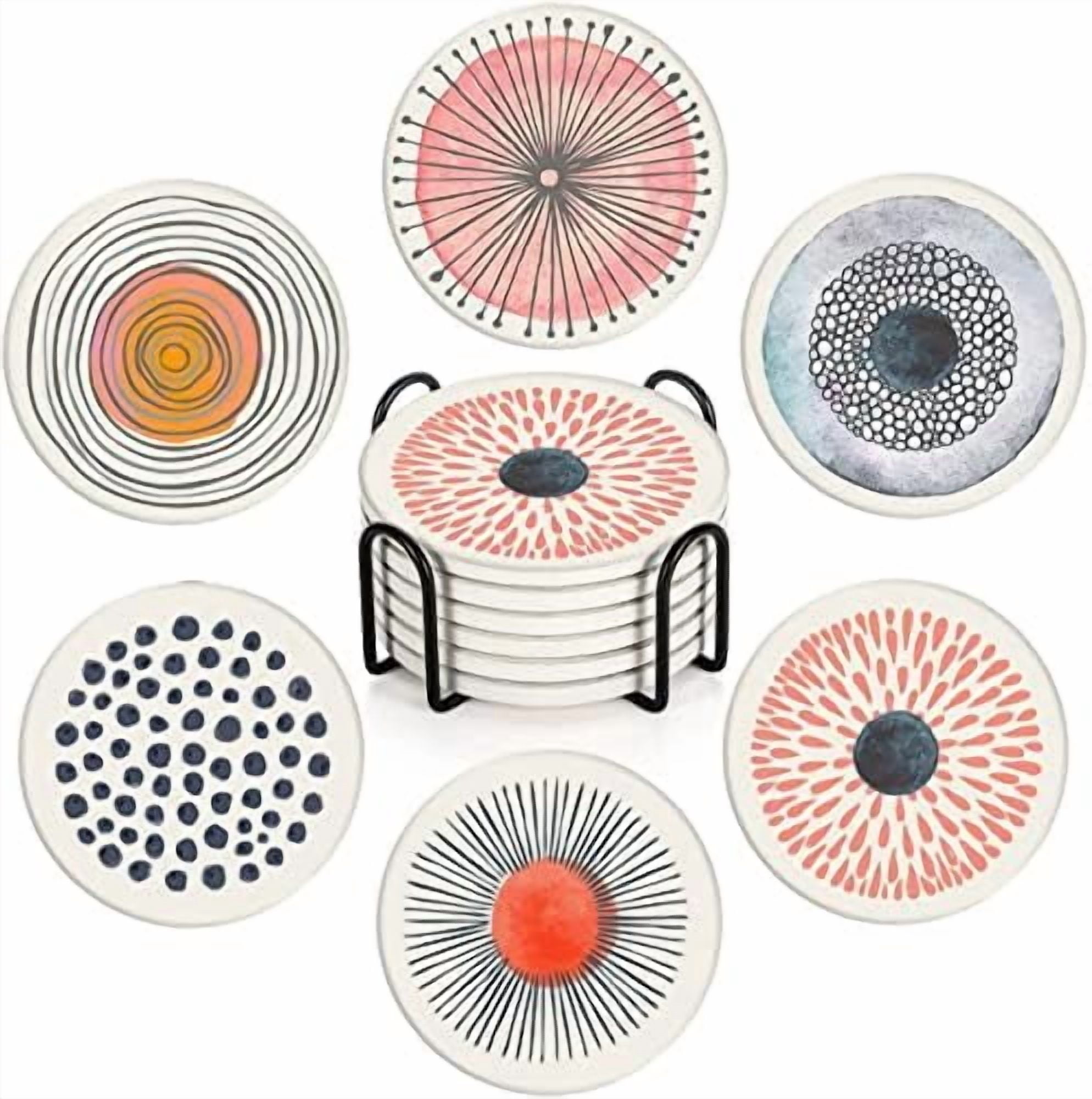 Coaster for Drinks Set of 6, Watercolor Doodle Circles Flower Absorbent ...