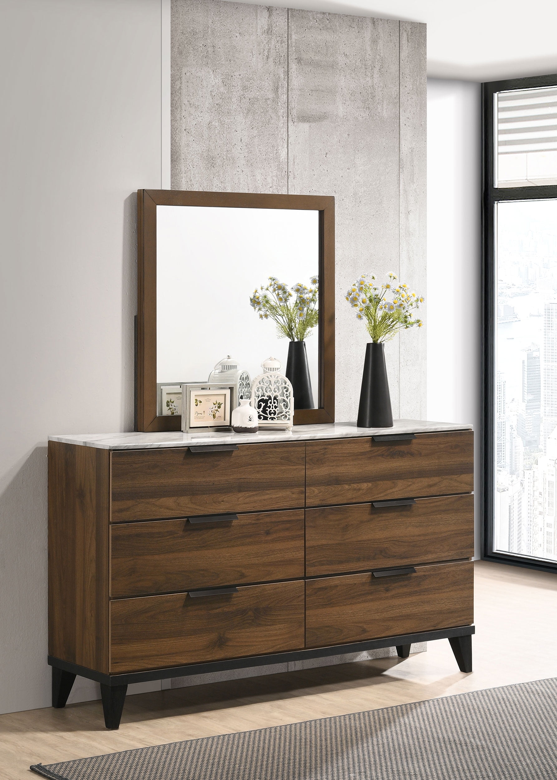 Coaster Mays 6-drawer Wood Dresser with Mirror and Faux Marble Top ...