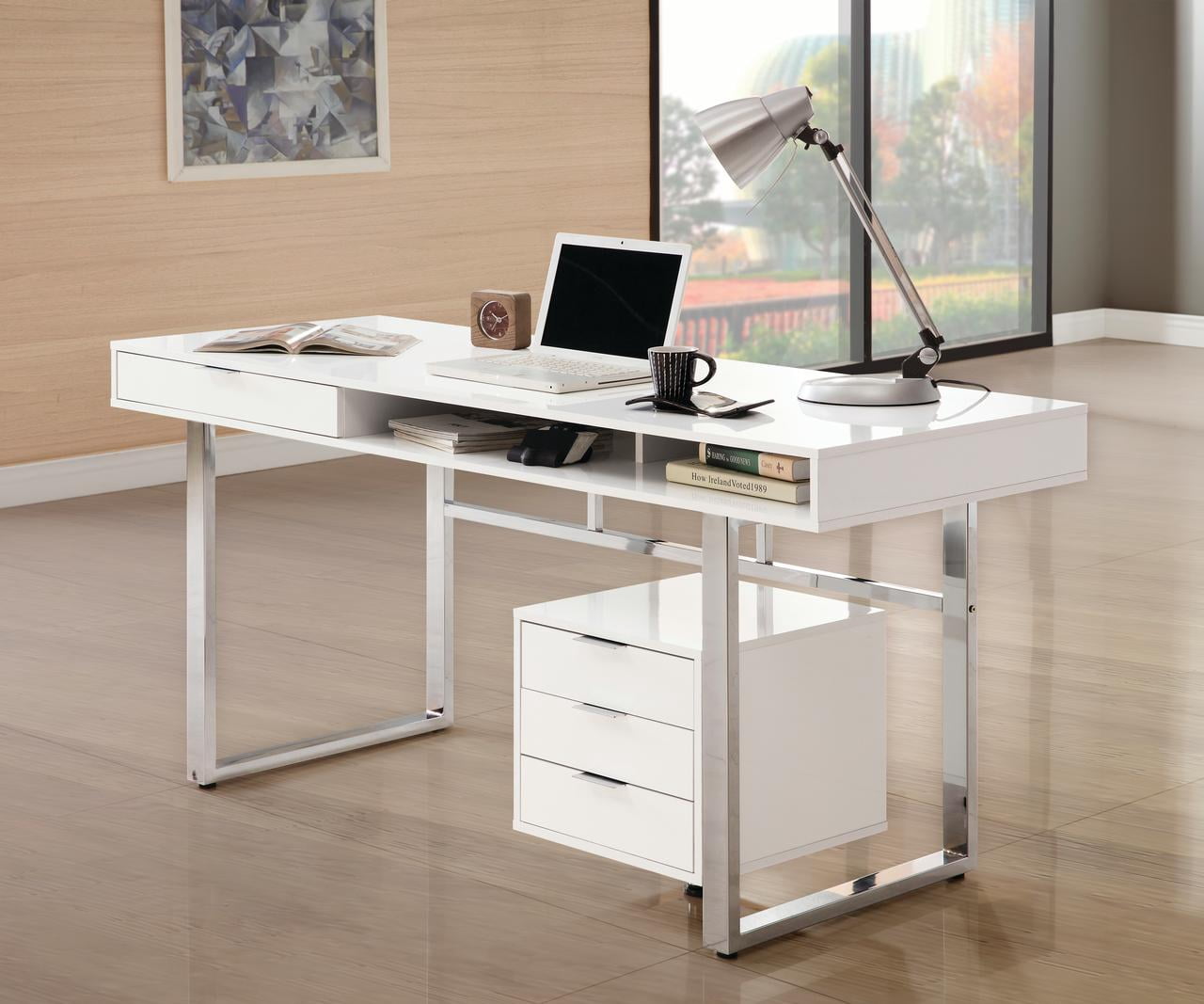 Whitman Contemporary 4-Drawer Writing Desk, Modern, High-Gloss White ...