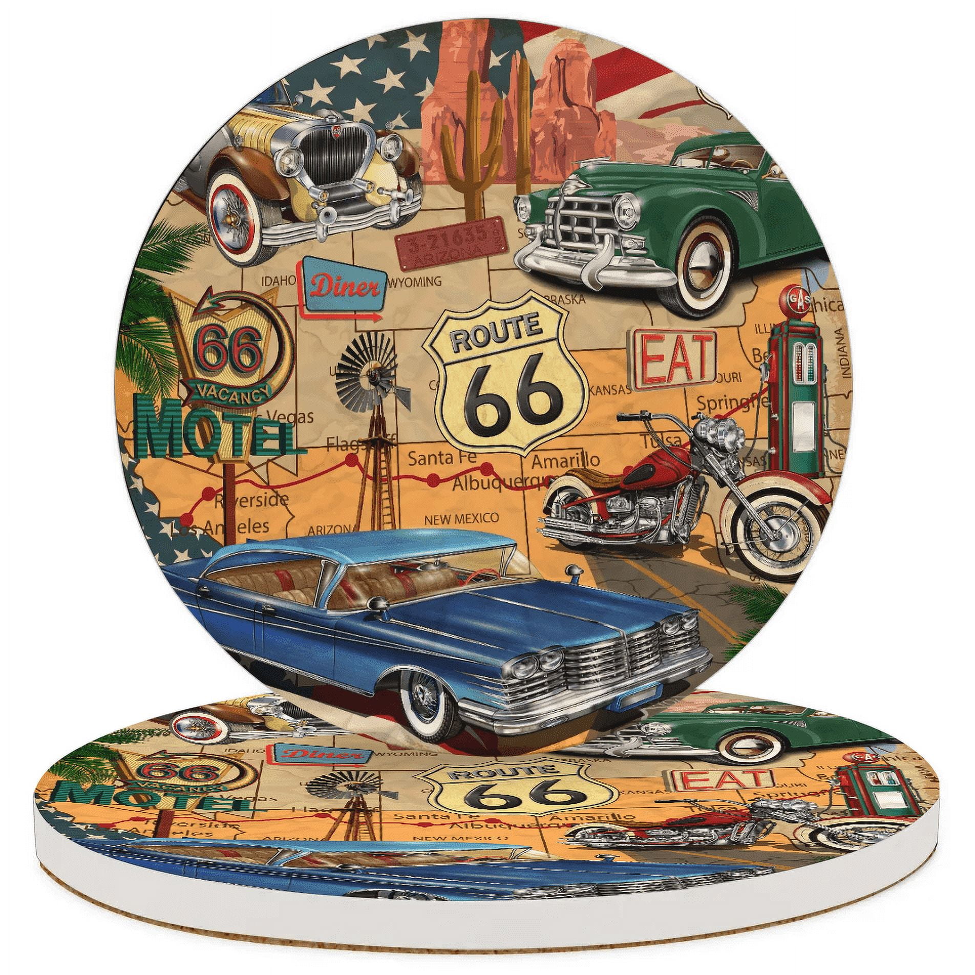 Coasters Set of 2 Route 66 Vintage Cars Ceramic Coaster with Cork Base ...