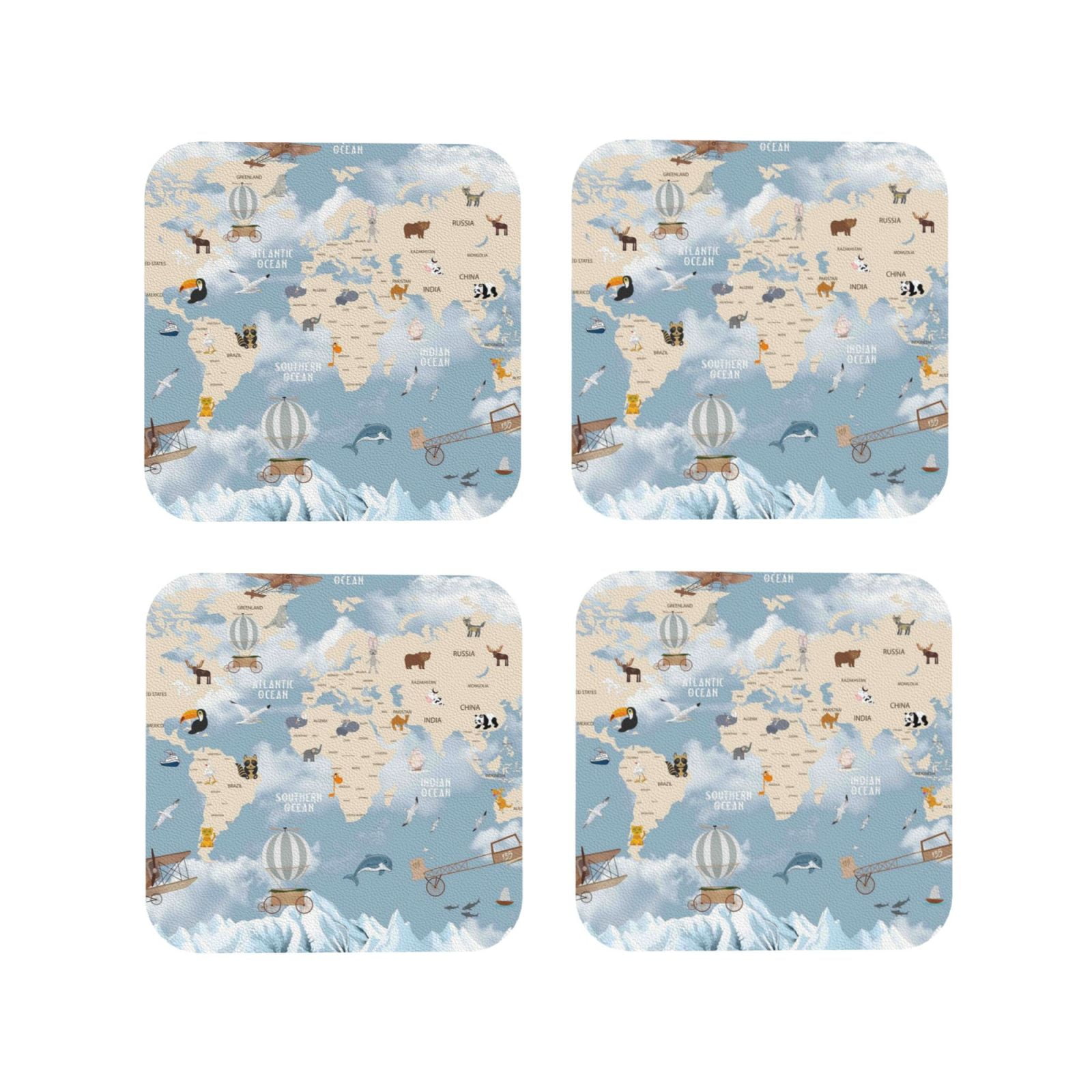 Coasters Set of 4 - Animals Travel World Map Drink Coasters for ...