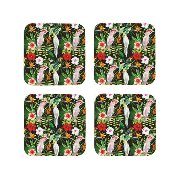 Coasters Set of 4 - Artsy Cute Parrot Palm Leaves Drink Coasters for ...