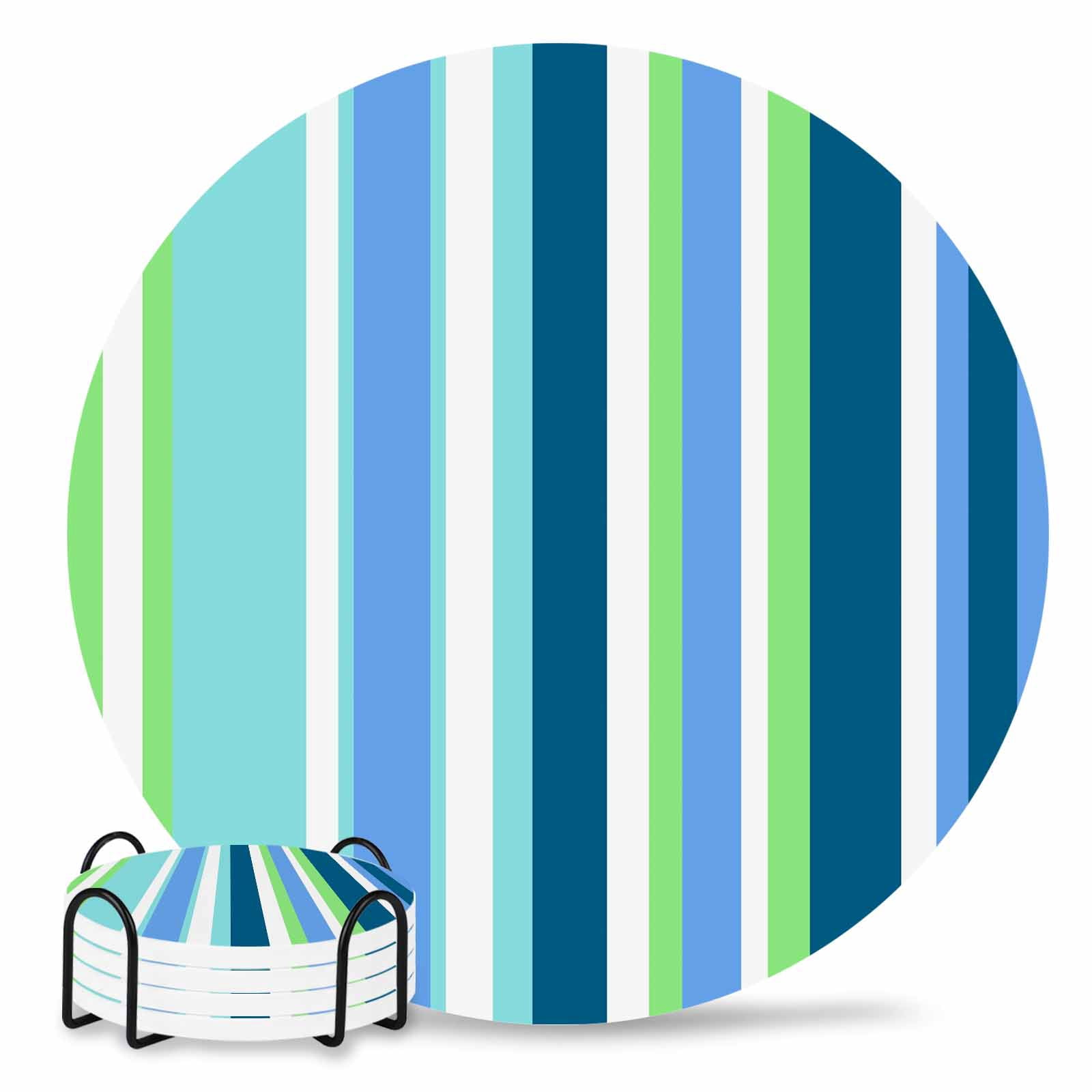 Coasters Set of 4 Blue Green Stripes Drink Coasters with Holder ...