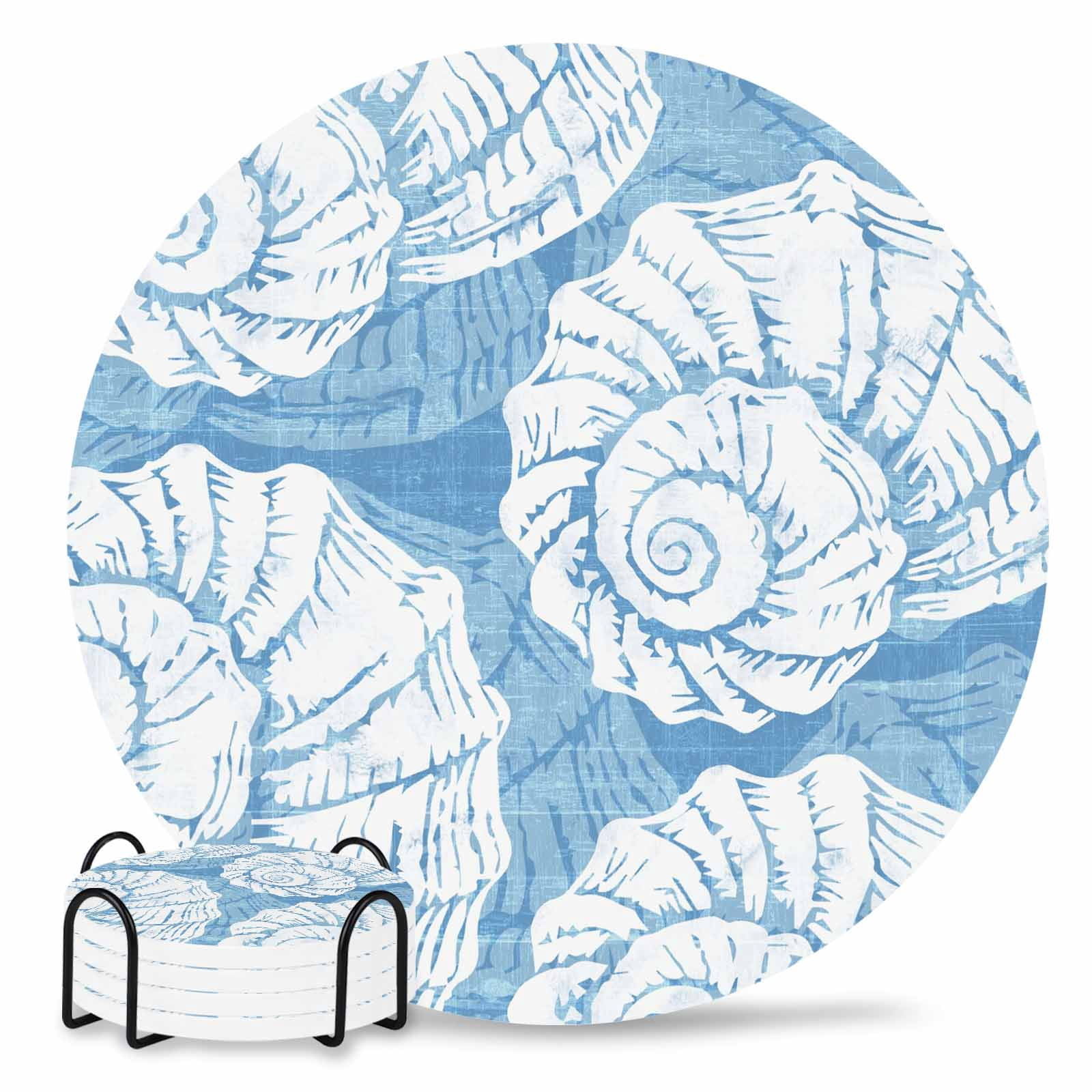 Coasters Set of 4 Blue Ocean Shells Drink Coasters with Holder ...