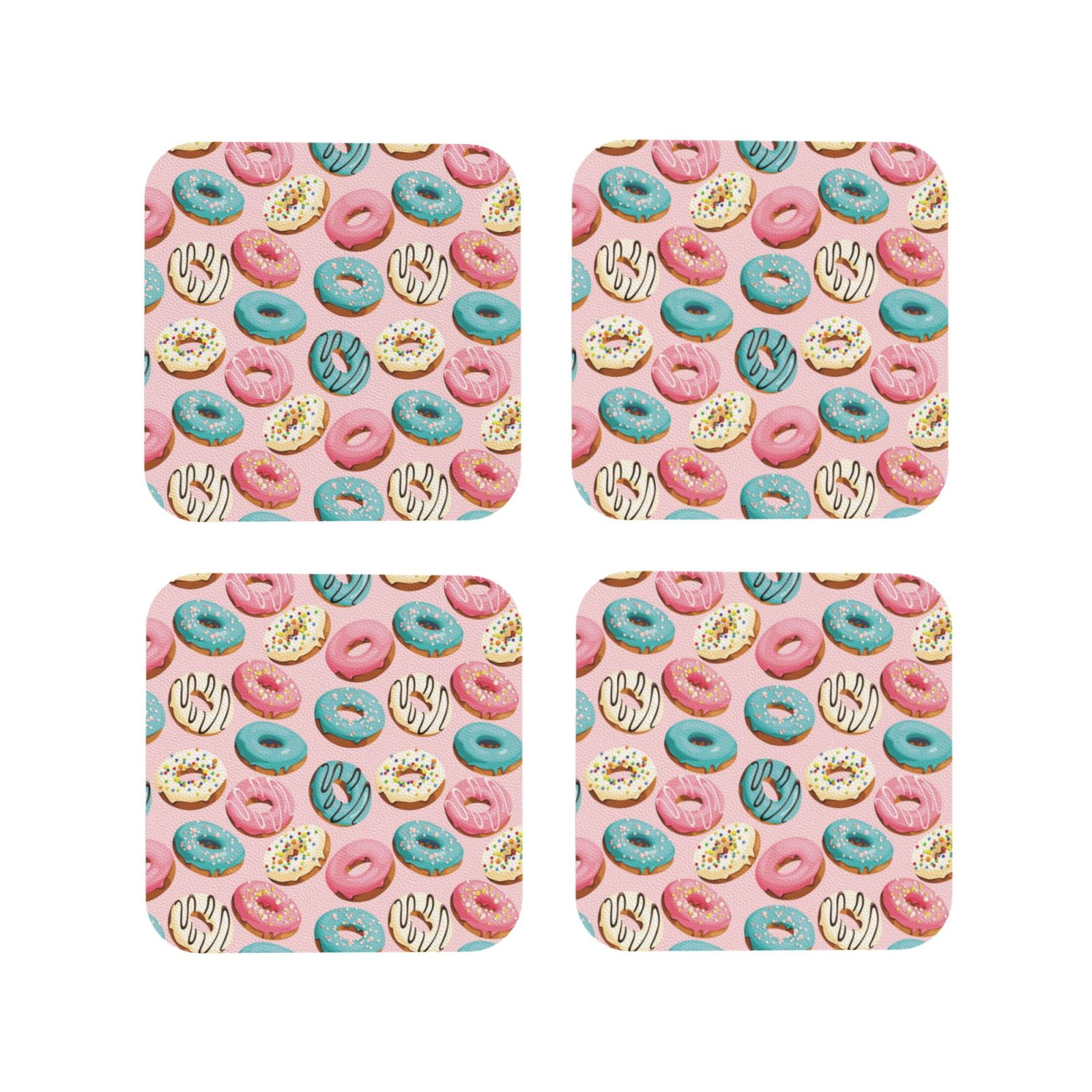 Coasters Set of 4 - Blue Pink White Donut Print Drink Coasters for ...