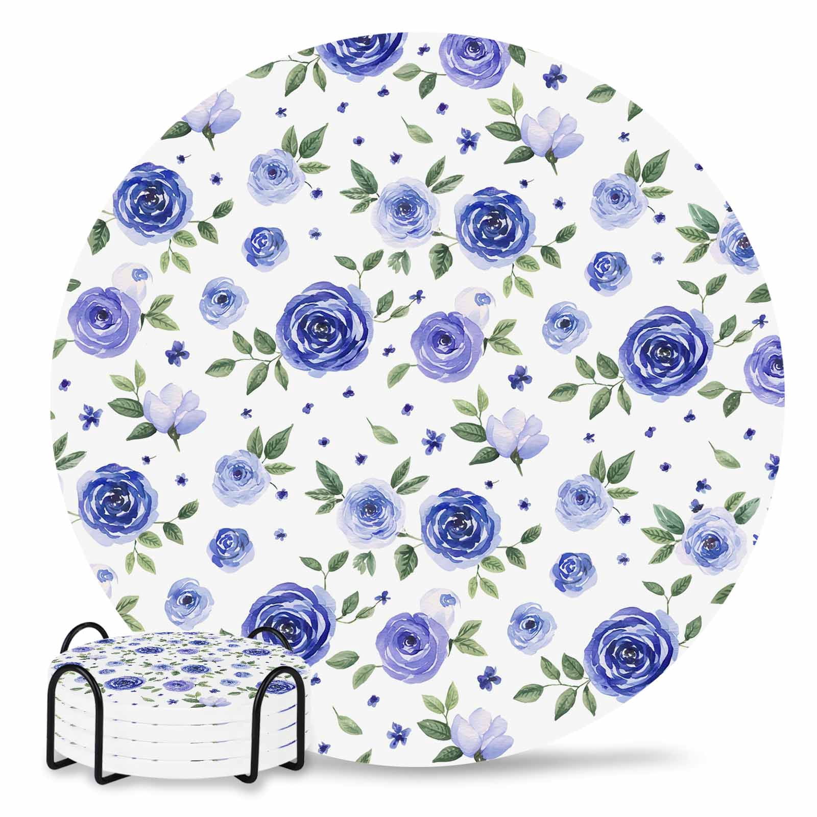 Coasters Set of 4 Blue Rose Drink Coasters with Holder Absorbent Stone ...